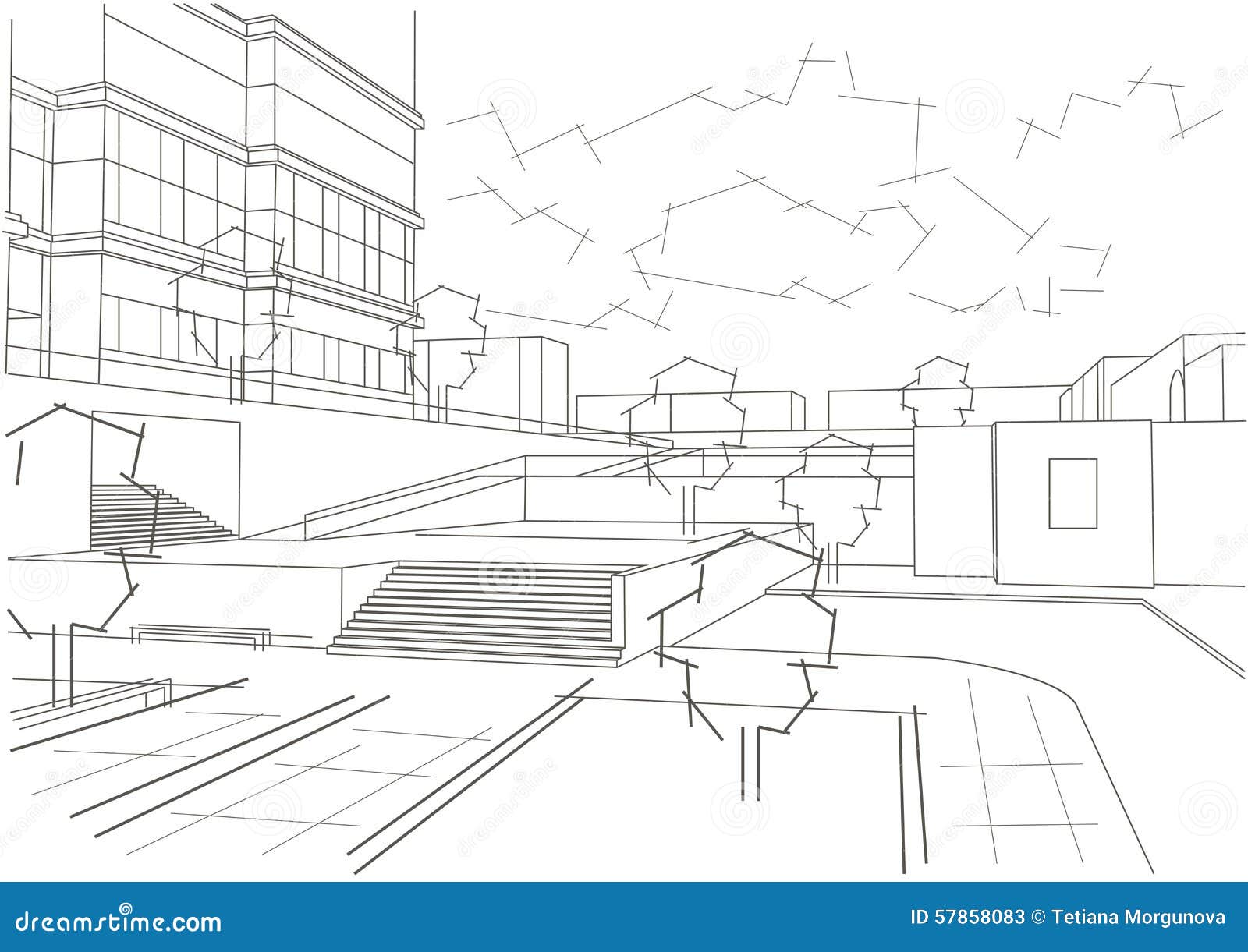 Linear Architectural Sketch Detached House Cartoon Vector ...