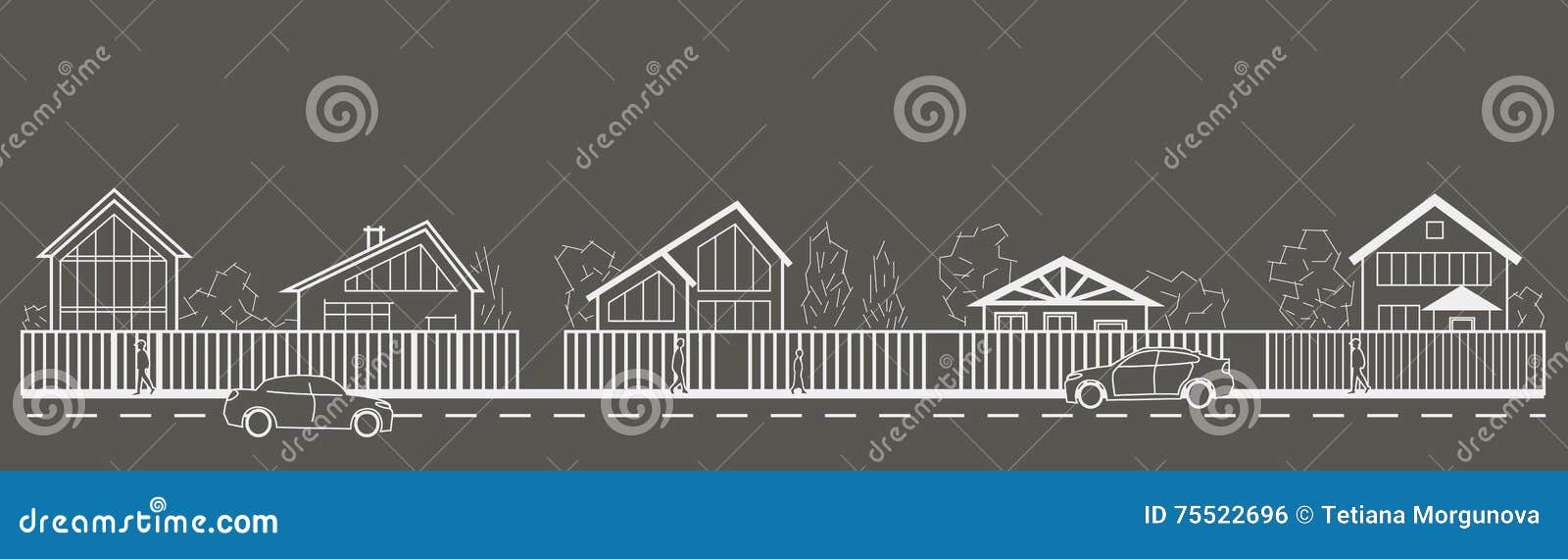 Linear Architectural Sketch Village Street Front View on Gray ...