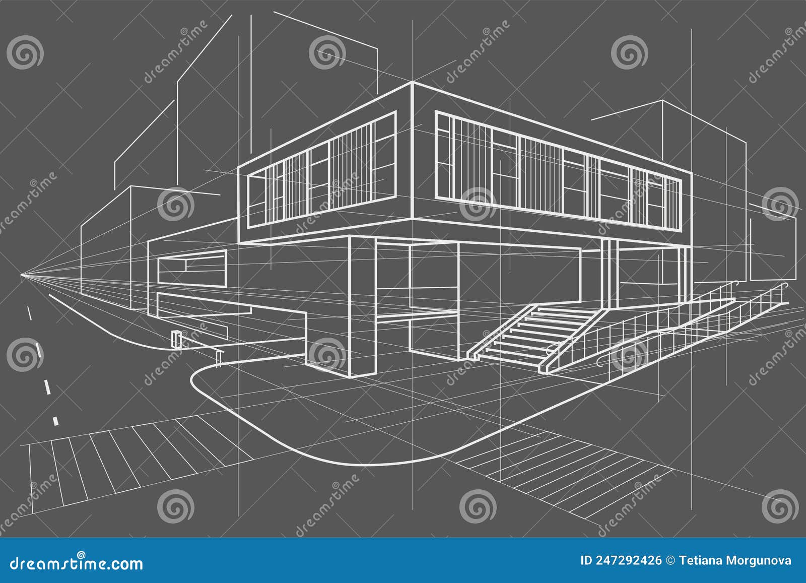 Linear Arcitectural Sketch Modern Office Building Perspective with ...
