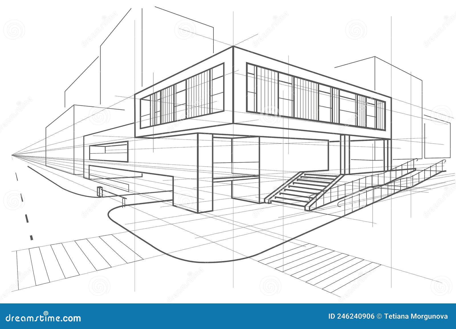 Linear Arcitectural Sketch Office Building Perspective on White ...