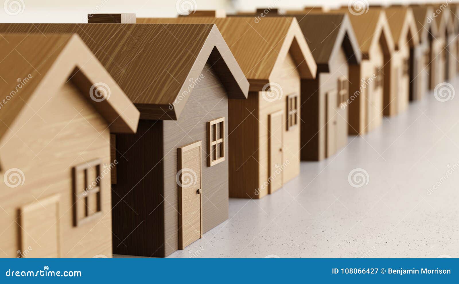 Linear Array of Toy Wooden Houses on a Light Gray Surface Stock ...