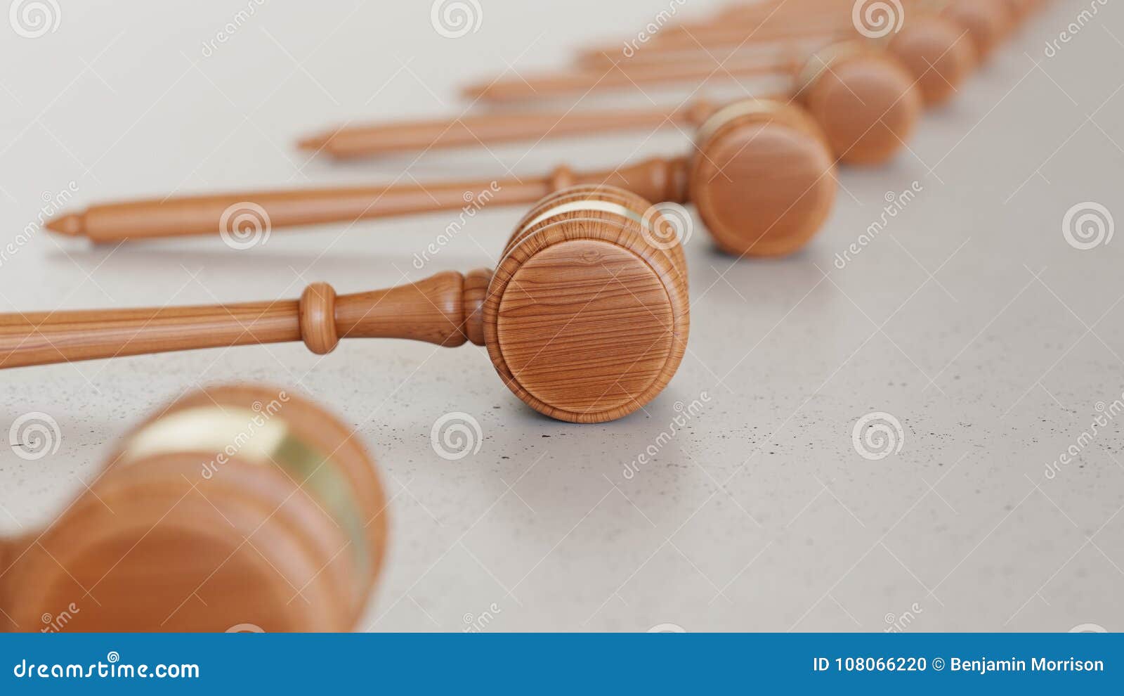 Linear Array of Wooden Gavels on a Light Gray Surface Stock ...