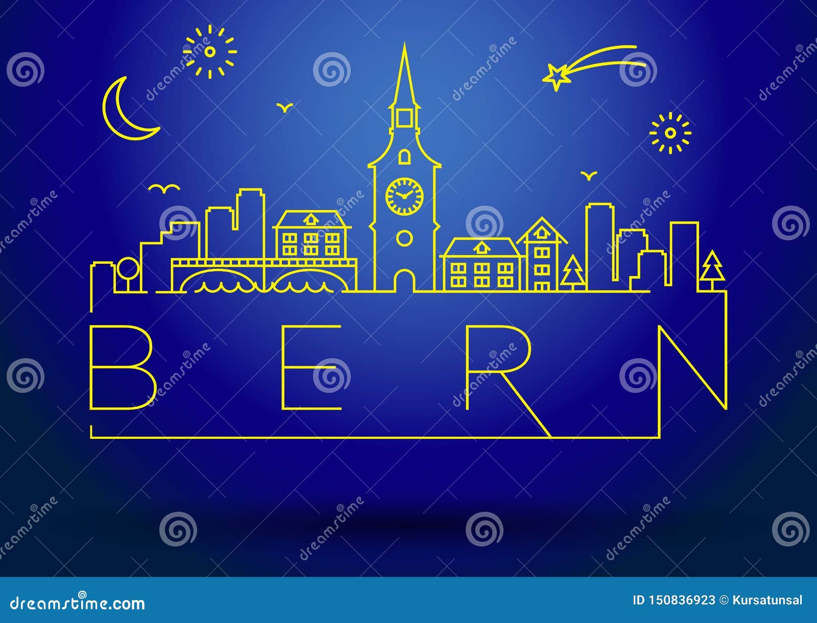 Linear Bern City Silhouette with Typographic Design Stock Illustration ...
