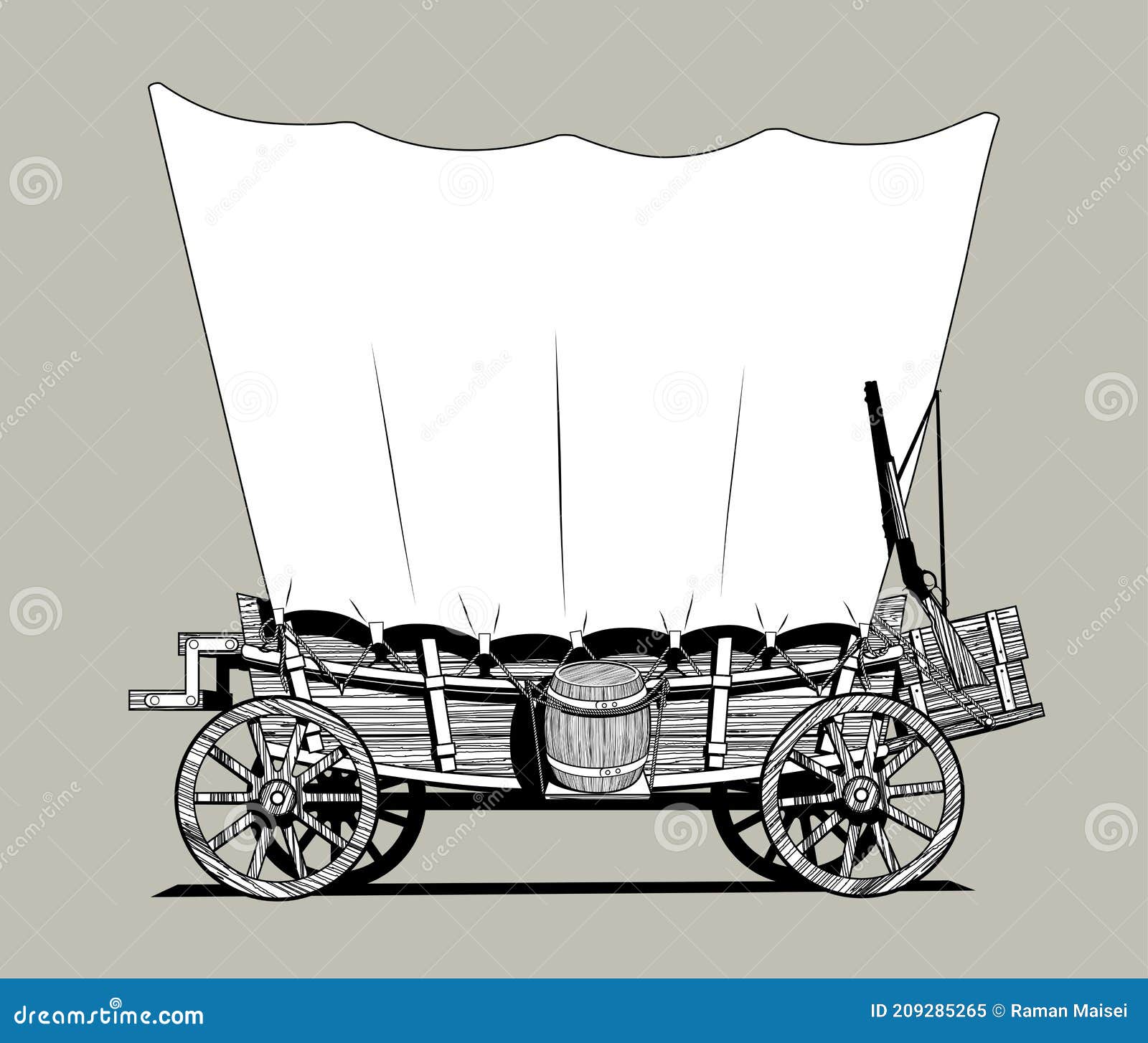 Linear Black and White Drawing of a Wild West Covered Wagon Stock ...