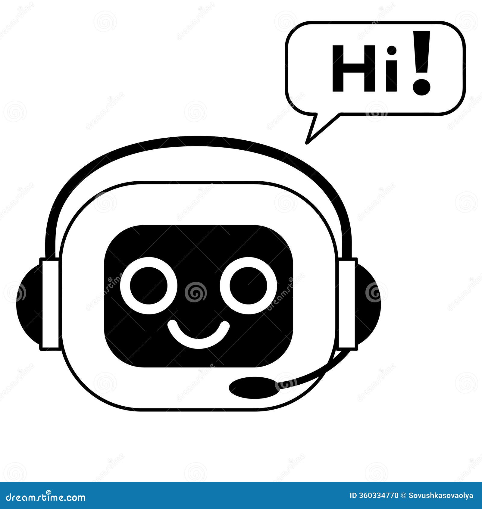 Linear Black and White Illustration of a Chat Bot Head Saying HI Stock ...