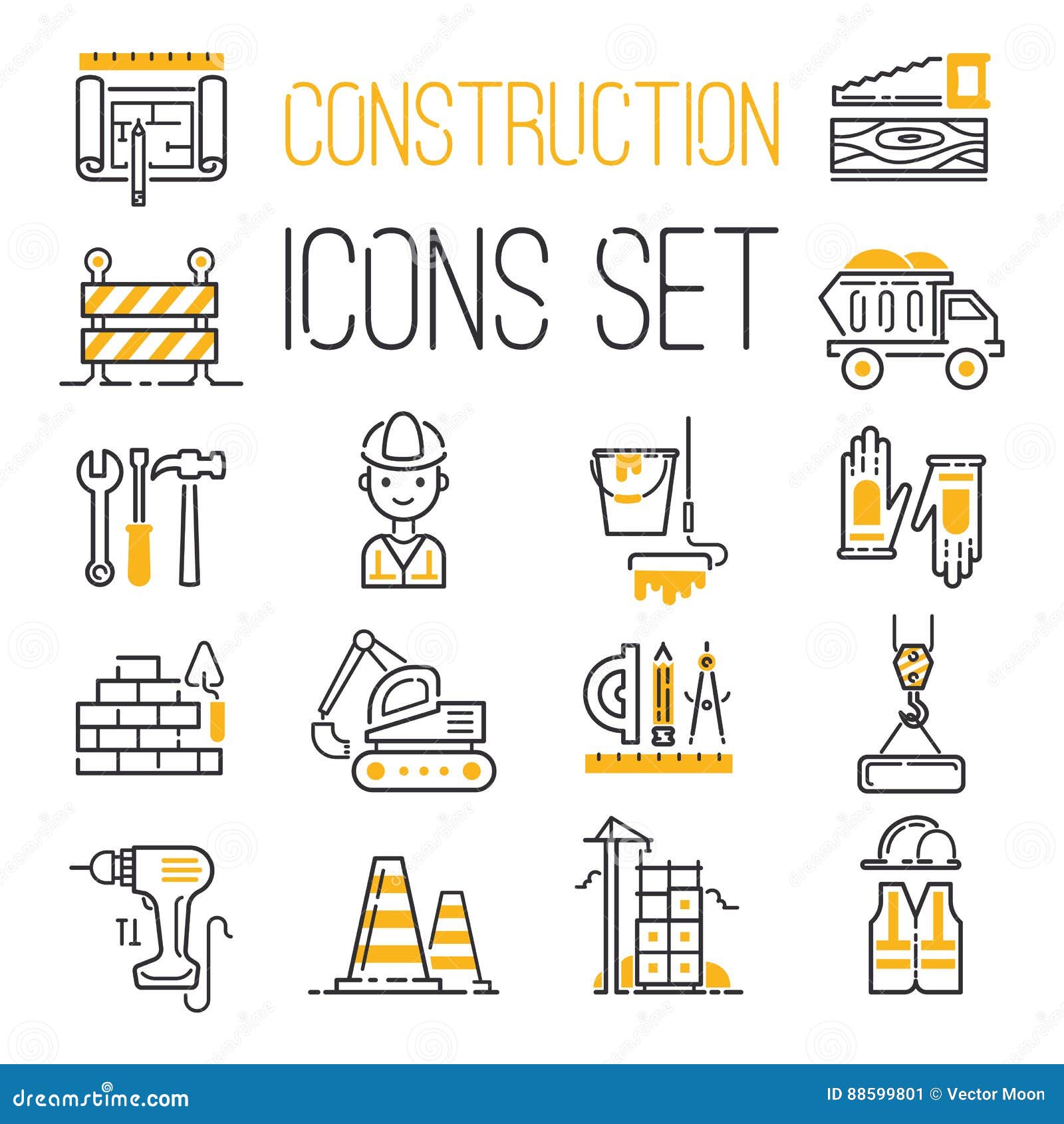 Linear Black Yellow Construction Icons Set Universal Web and Mobile ...