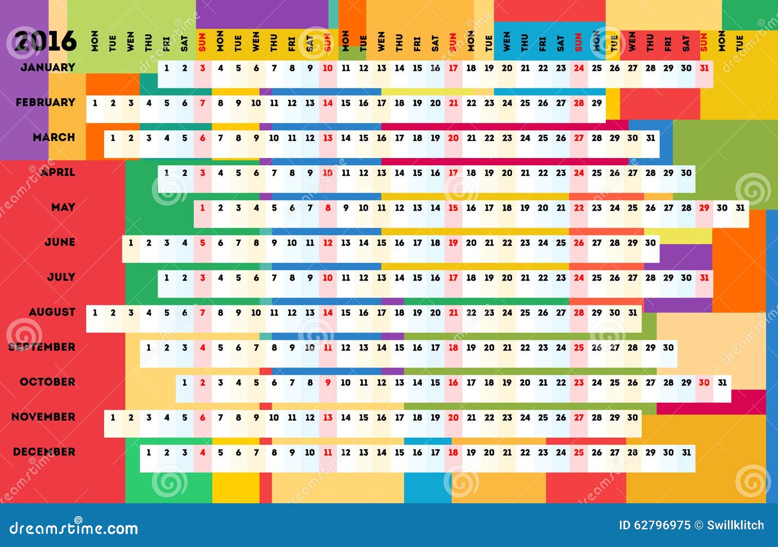 Linear calendar 2016 stock vector. Illustration of data - 62796975