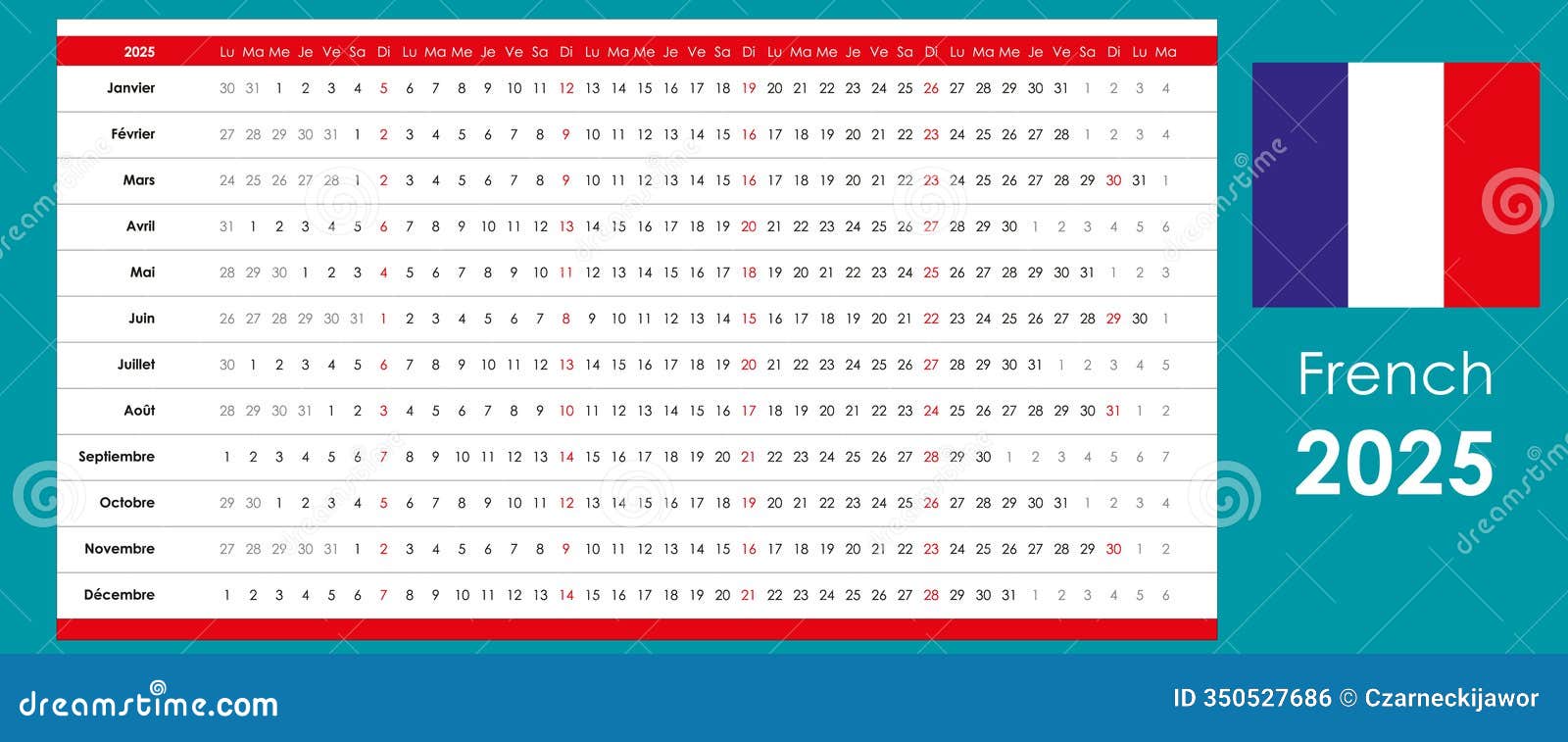 Linear Calendar For 2025. Horizontal Or Landscape Orientation Grid 2025 ...