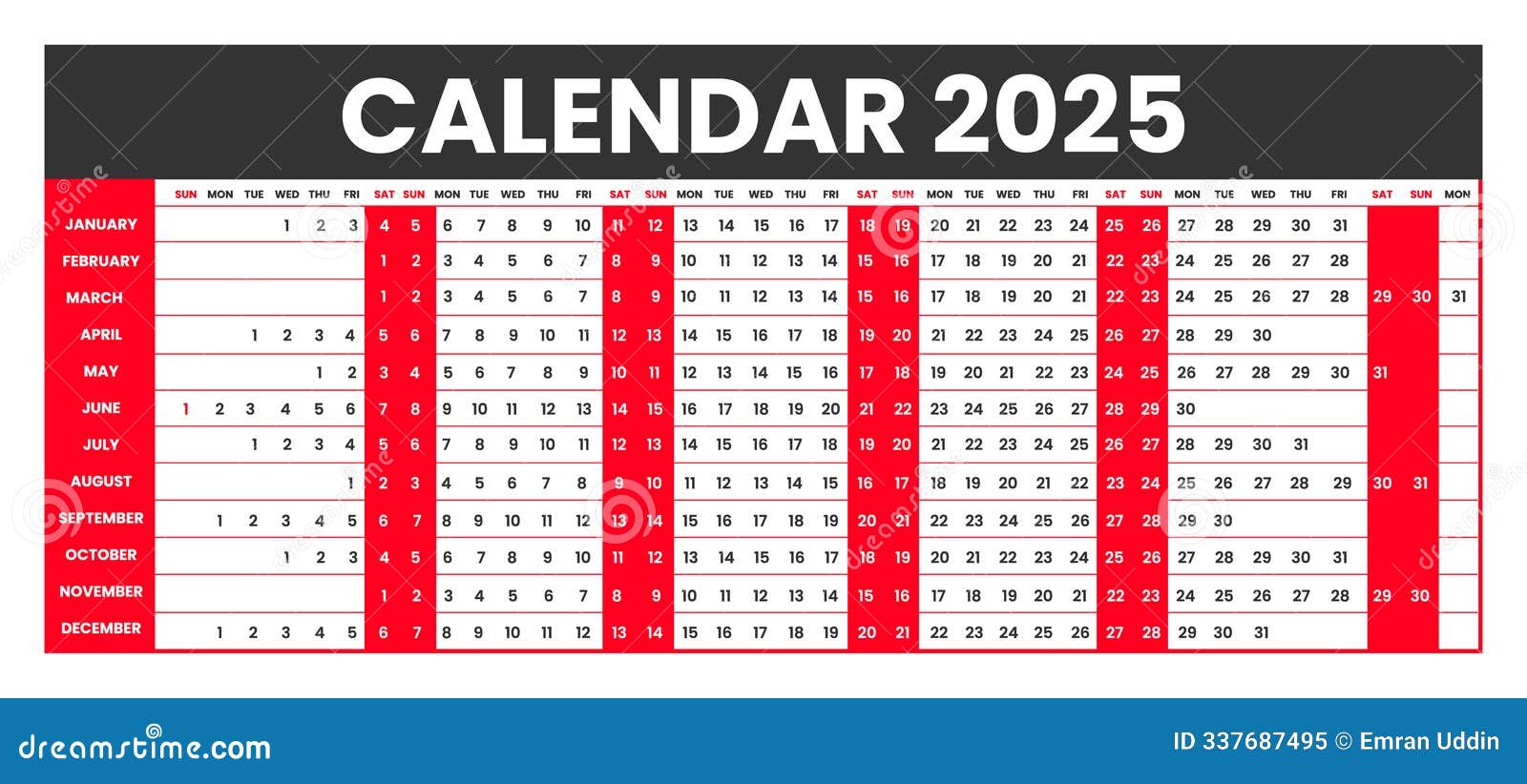 Linear Calendar for 2025. Horizontal or Landscape Orientation Grid 2025 ...