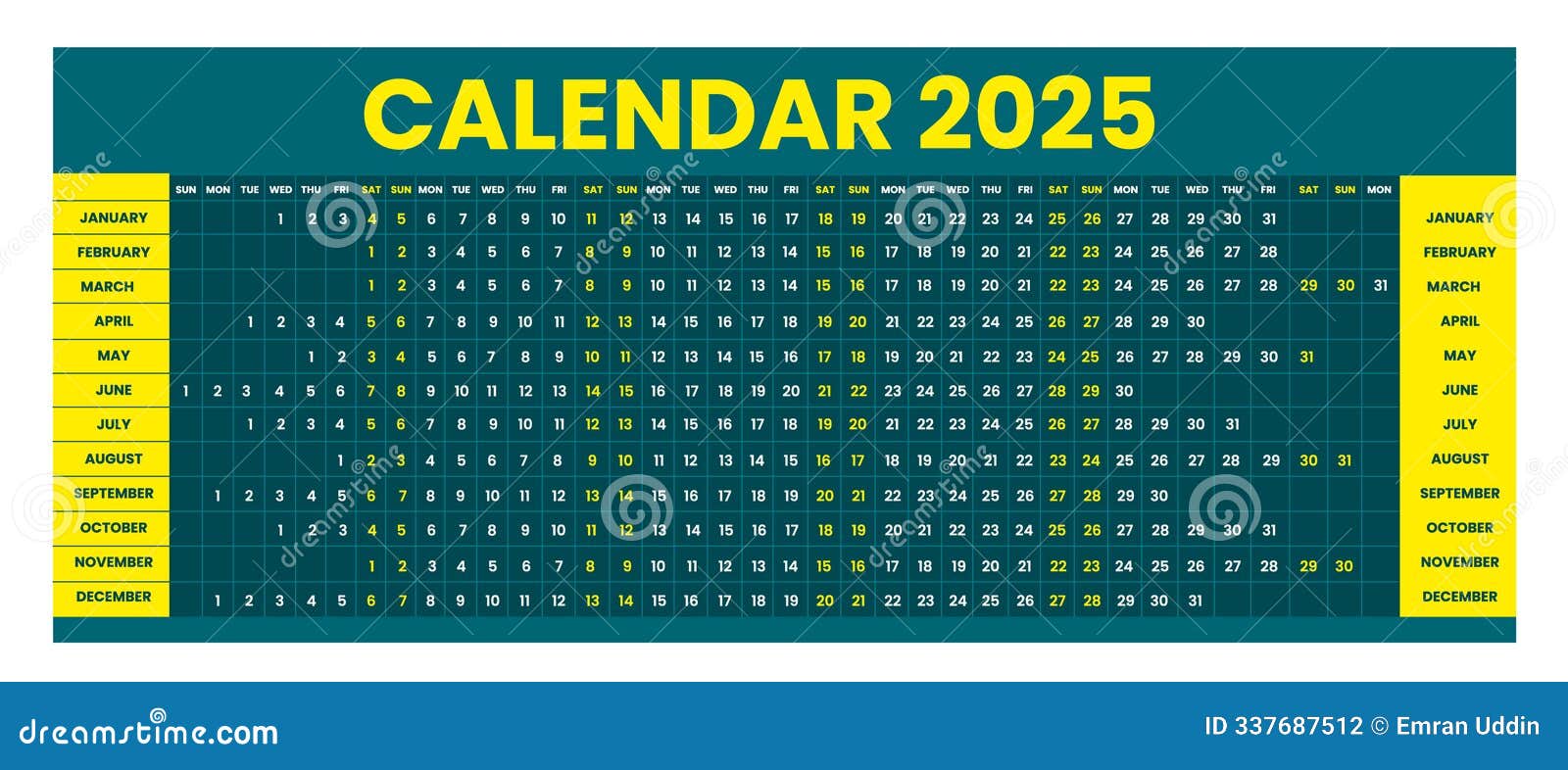 Linear Calendar for 2025. Horizontal or Landscape Orientation Grid 2025 ...