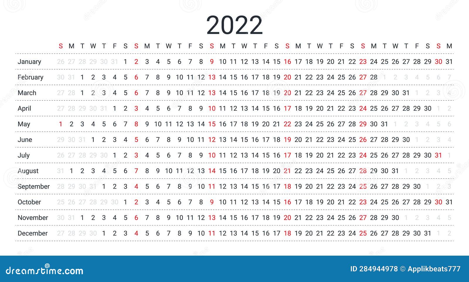 2022 Linear Calendar. Yearly Planner Template. Vector Illustration ...