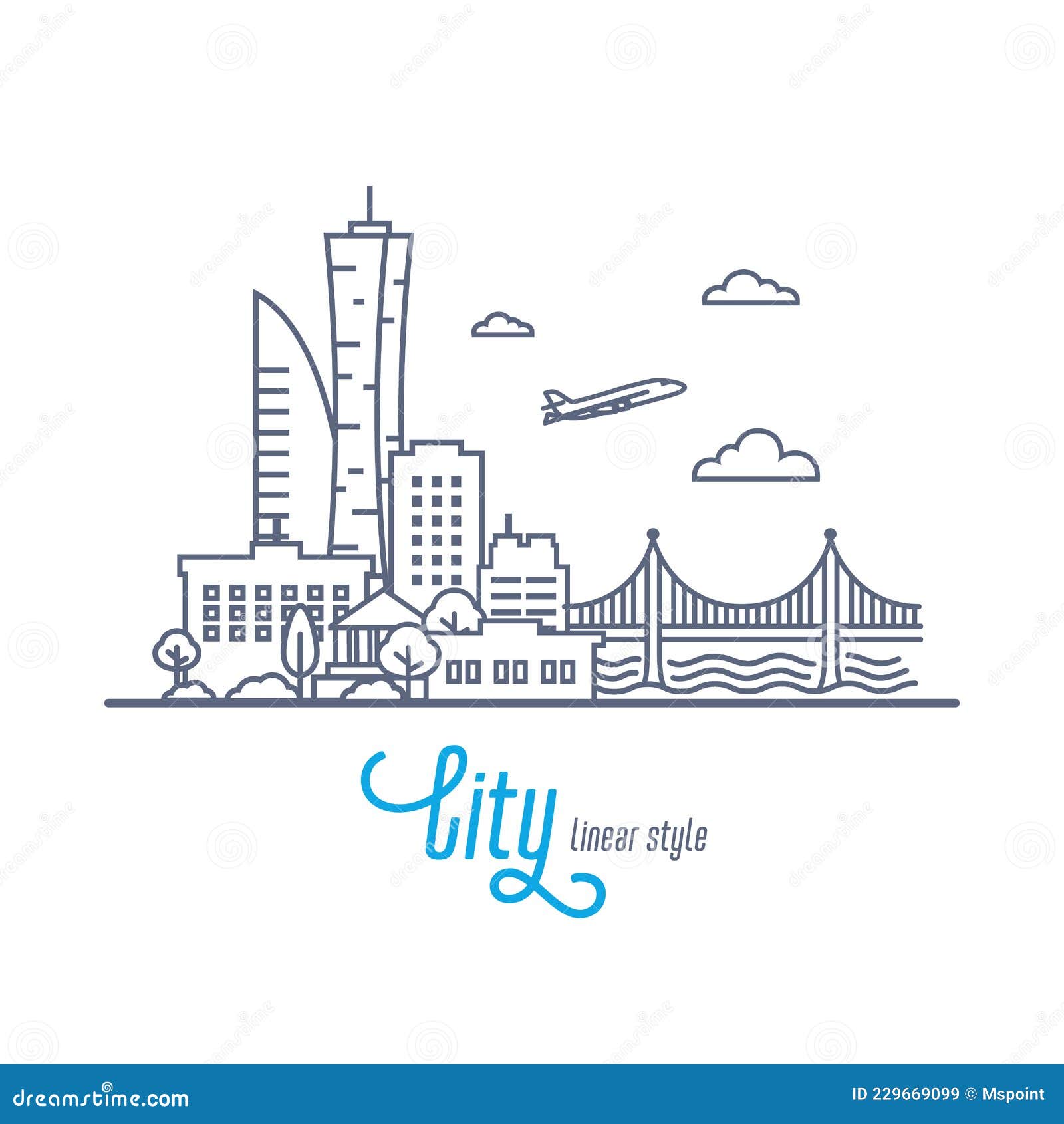 Linear Cityscape with Bridge and Flying Airplane. Outline Style Vector ...