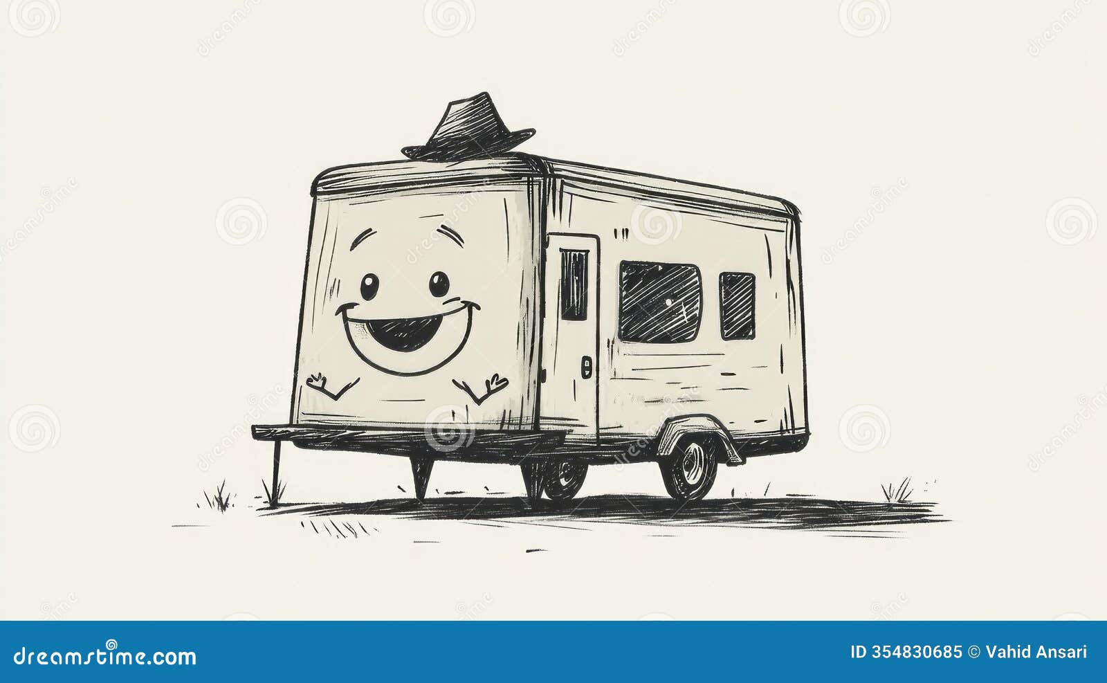 Linear Comic Drawing, Vintage Style, Caravan Head with Hands and Legs ...