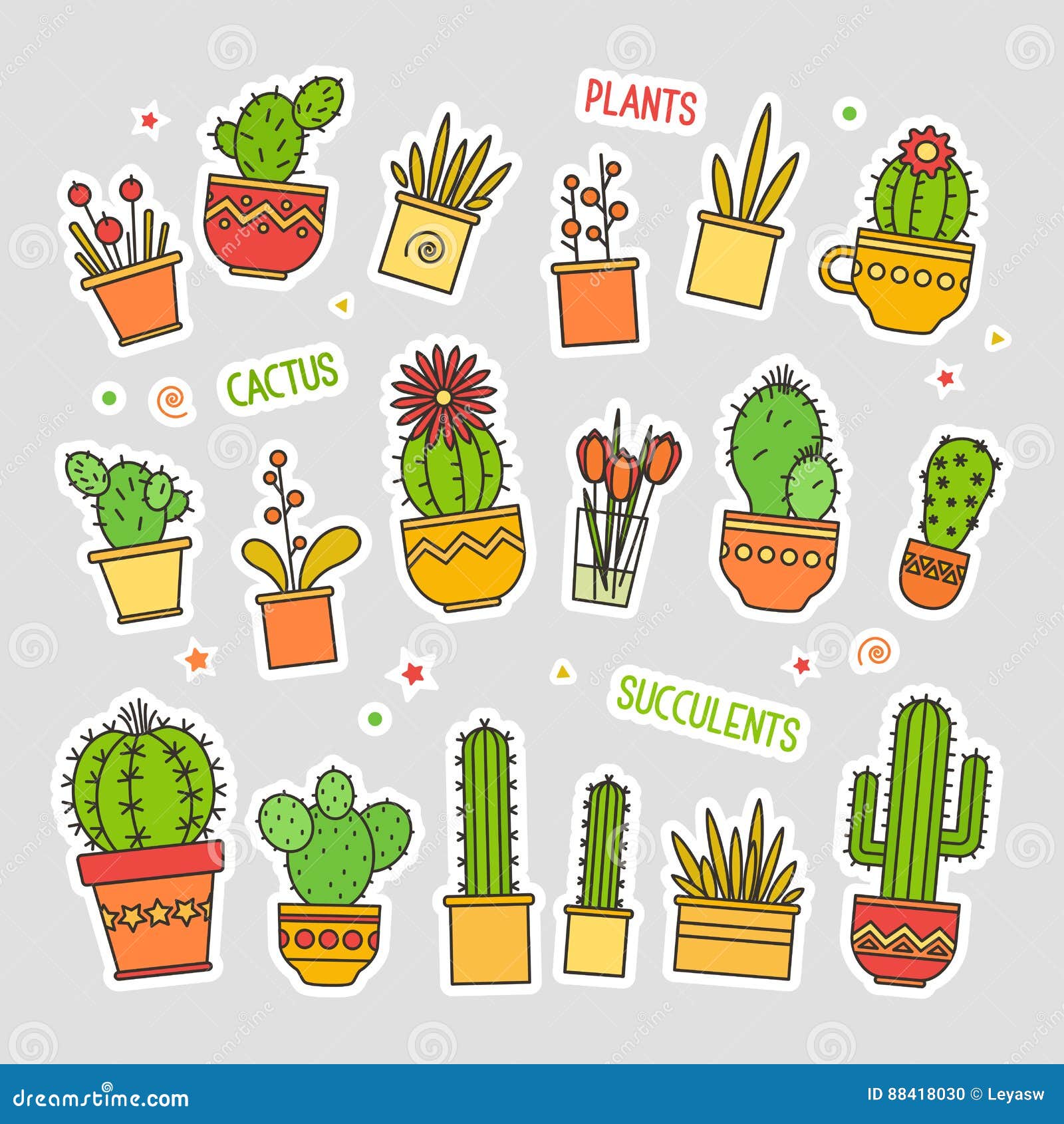 Linear Design, Cacti and Flowers in Pots. Vector Sticker Pack Stock ...