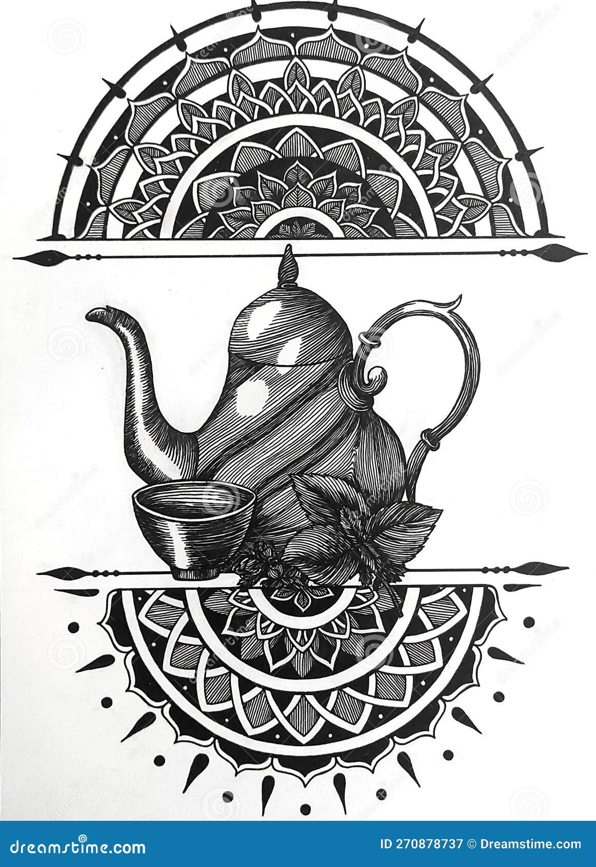 Linear Drawing of Tea Drinking with a Mandala Stock Illustration ...