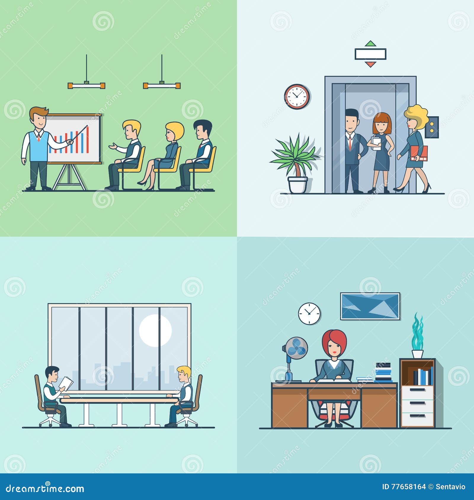 Linear Flat Businesspeople Work Places Elevator Stock Vector ...