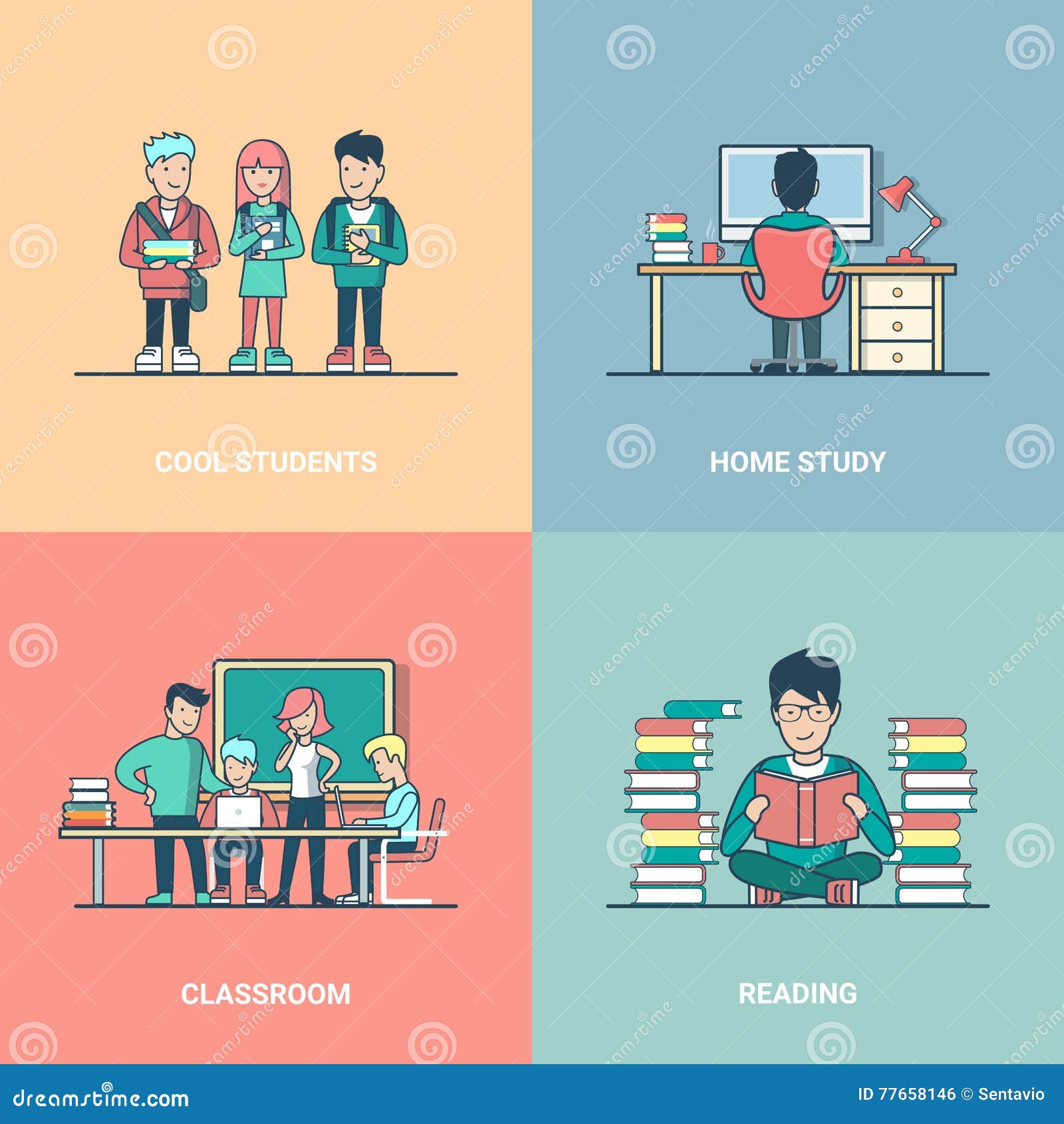 Linear Flat Education Set Student Read Study Stock Vector ...