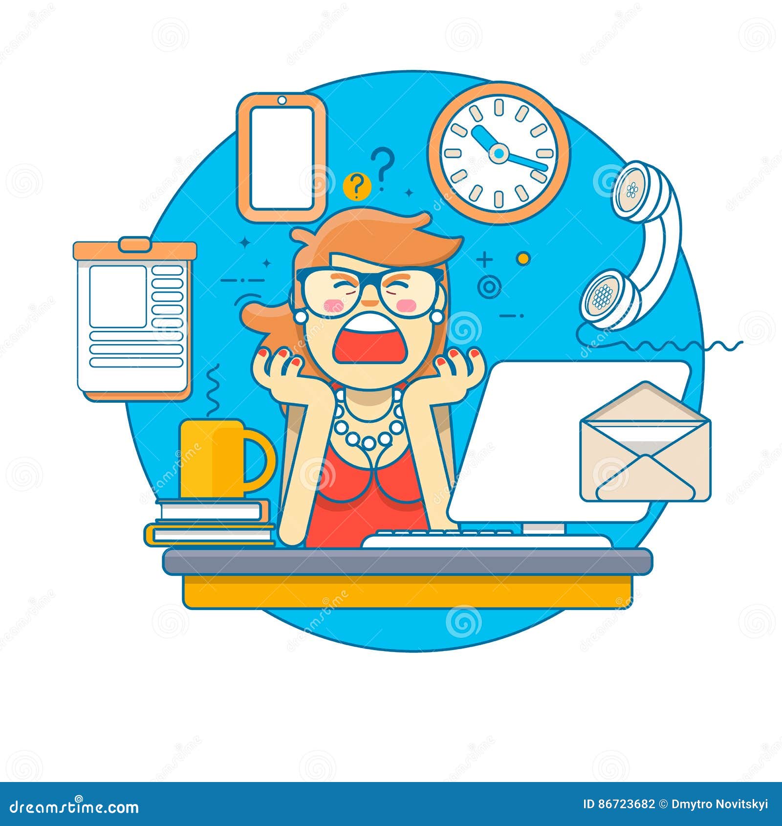 Linear Flat.Multitasking Stressed Business Woman in Office Work Place ...