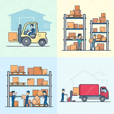 Linear Flat Vector Loader Shelve Box Load Van Stock Vector ...