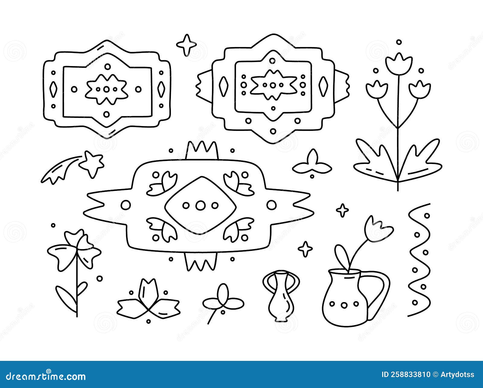 Linear Folk Art Elements Set Stock Vector - Illustration of retro ...