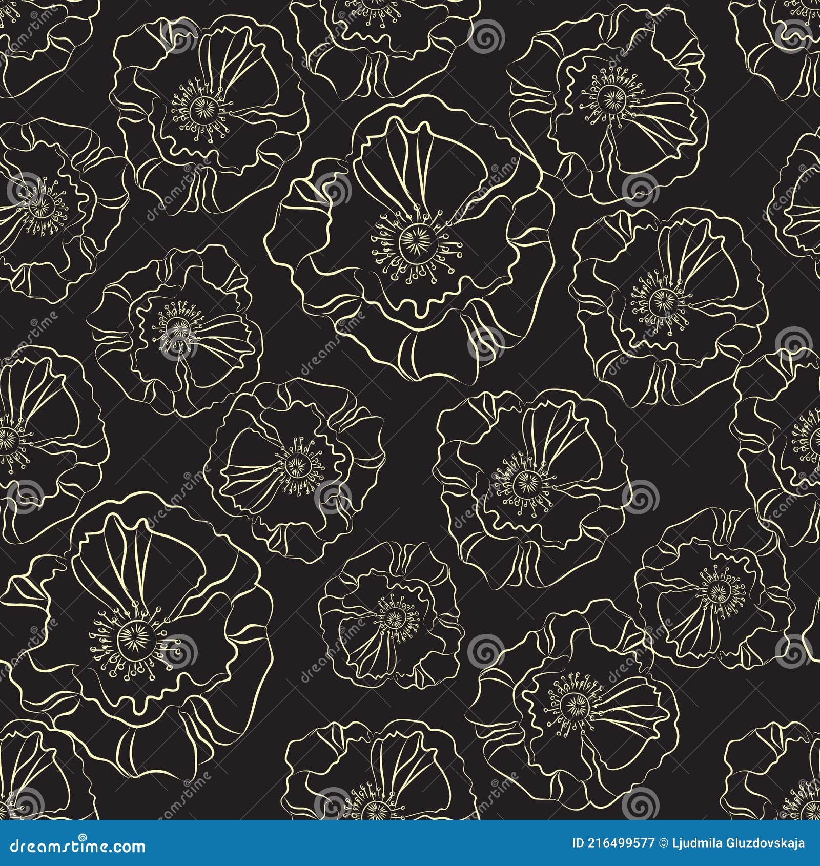Linear Golden Poppies on Black Background, Seamless Pattern, Design for ...