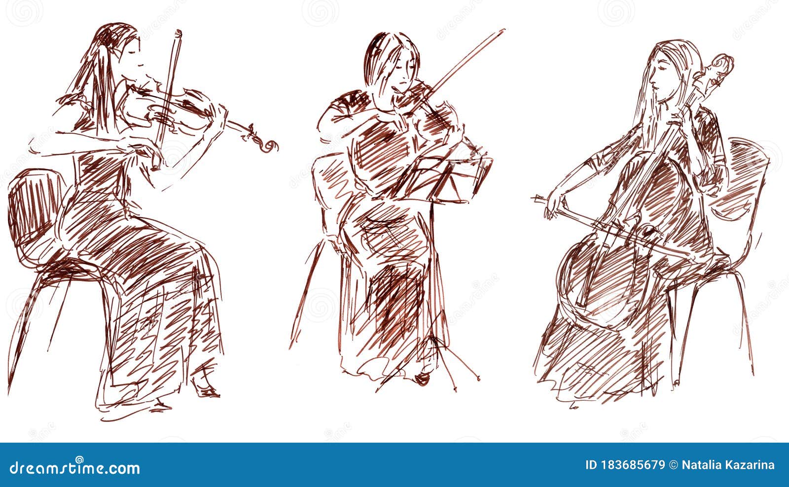 Linear Graphic Drawing String Trio Two Violinists And Cellist Royalty ...