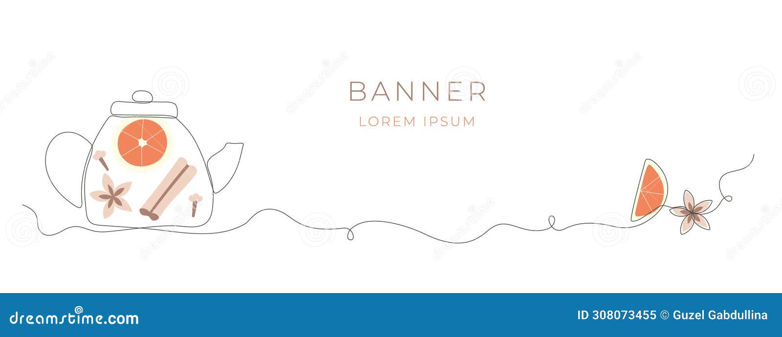 Linear Hot Spicy Tea in Pot Vector Banner. Simple Line Elements Poster ...