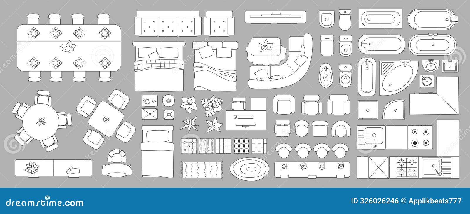 Linear Interior Top View Icons. Office And Home Room Floor Plan ...