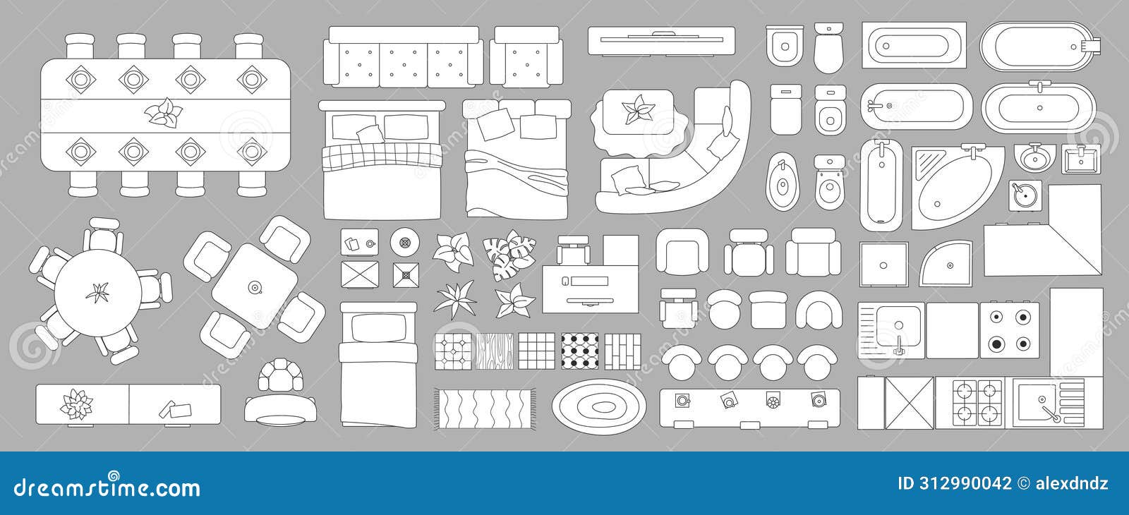 Linear Interior Top View Icons. Office And Home Room Floor Plan ...