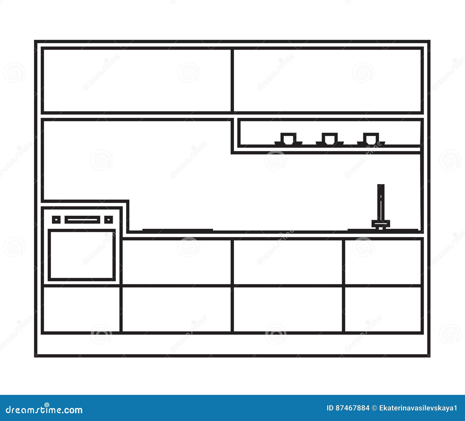 Linear Kitchen Interior Plan. Draft of Kitchen Furniture. Vector ...
