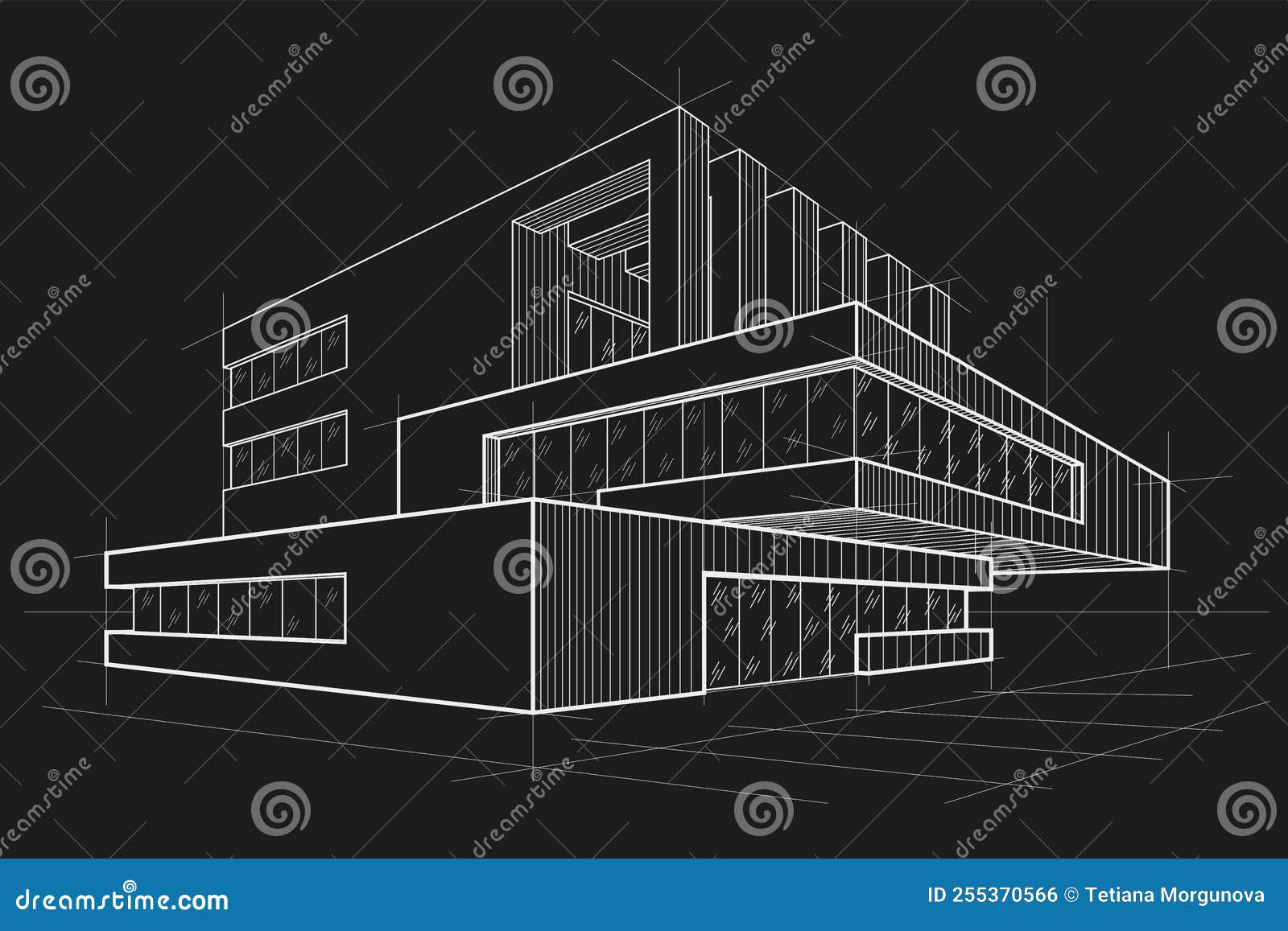 Linear Modern Sketch - Cottage with Overhanging Part on Black ...