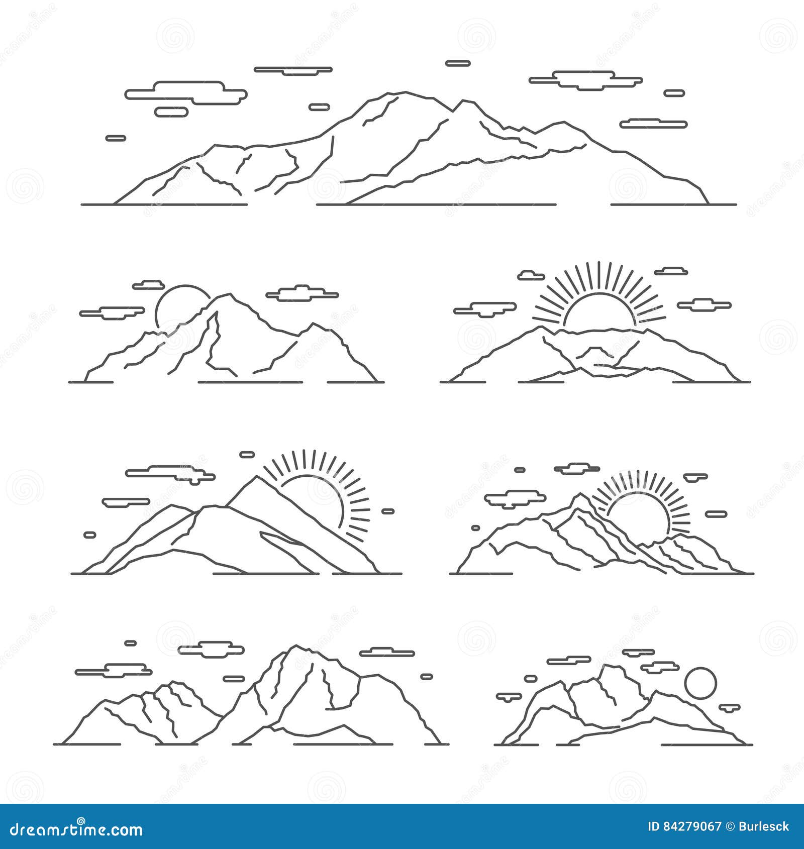 Linear Mountains Vector Illustration. Line Mountain Alps Landscape Set ...