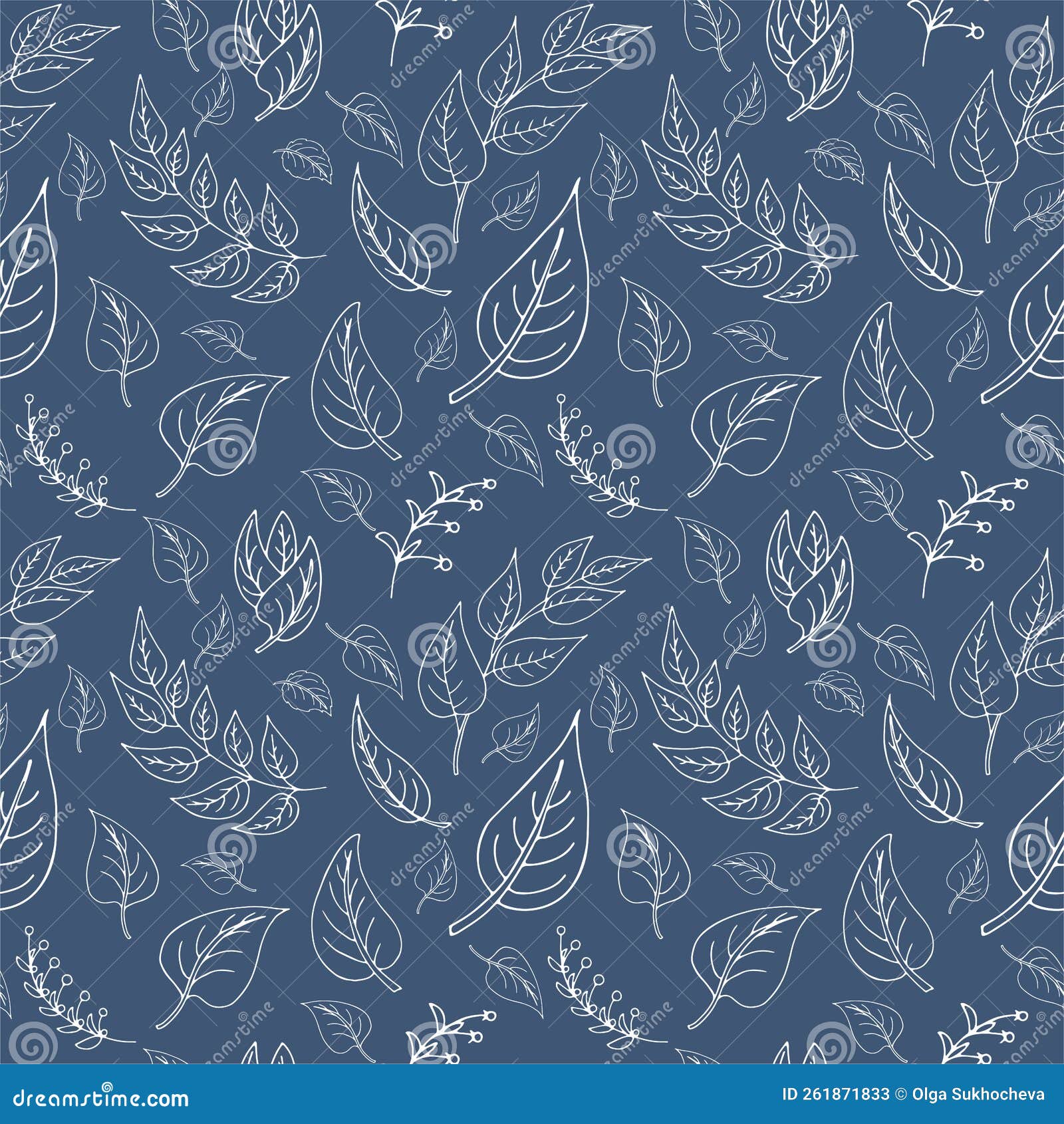 Linear Pattern of White Contour Leaves on a Denim Background Stock ...