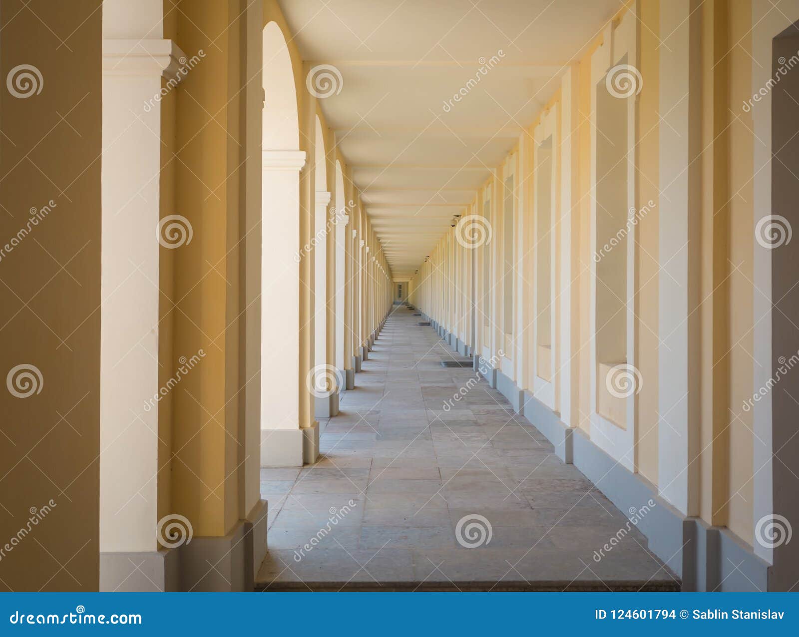 Linear Perspective in Architecture. Beige a Long Corridor. Stock Photo ...