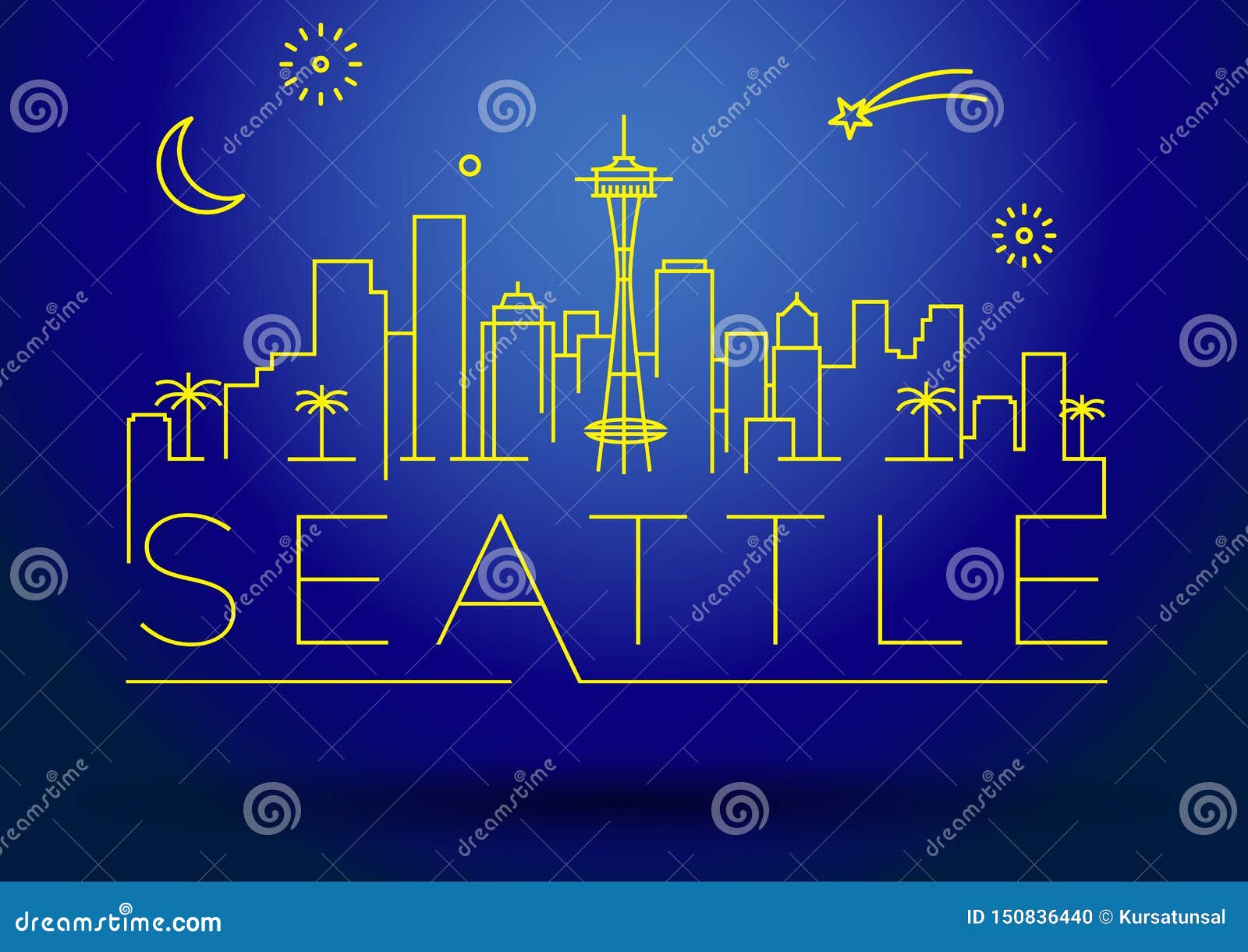 Linear Seattle City Silhouette with Typographic Design Stock Vector ...