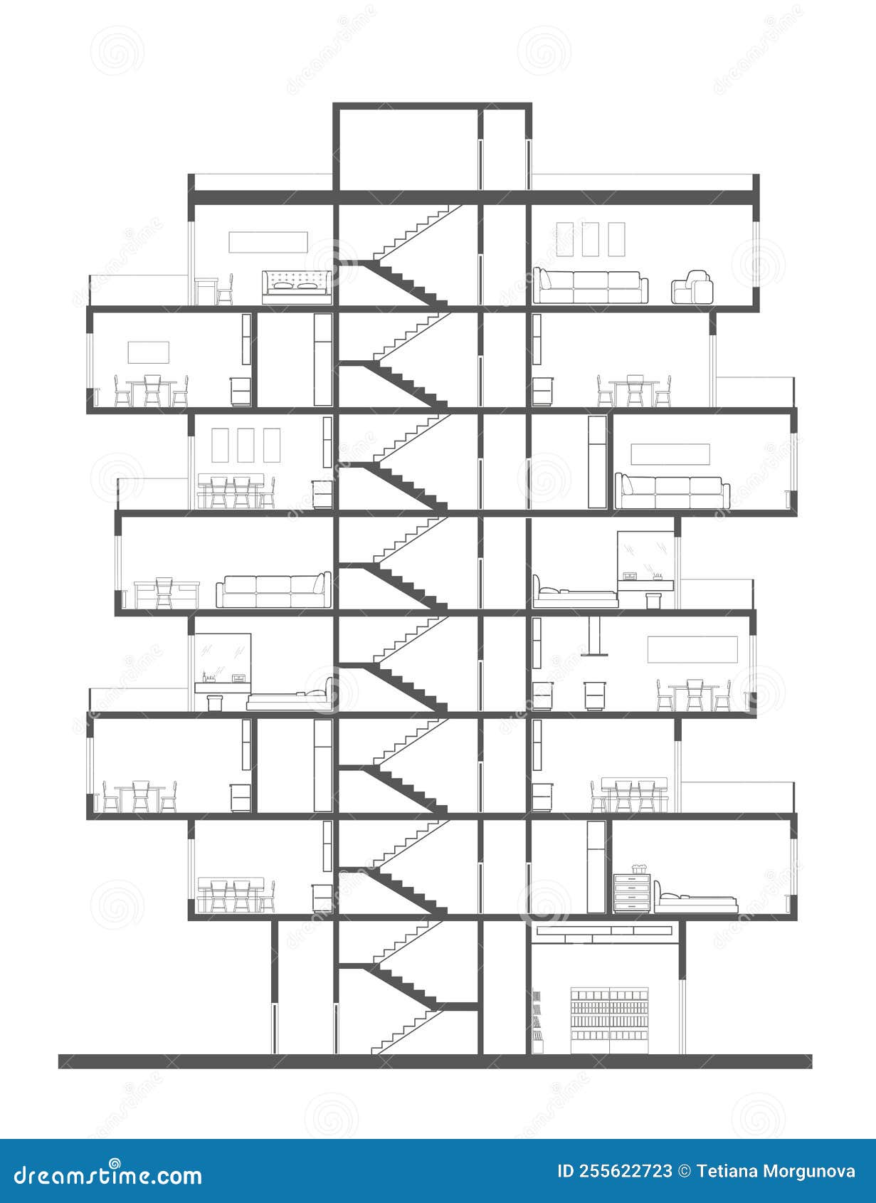 Linear Section Plane - Multistory Appartment Building with Furniture ...