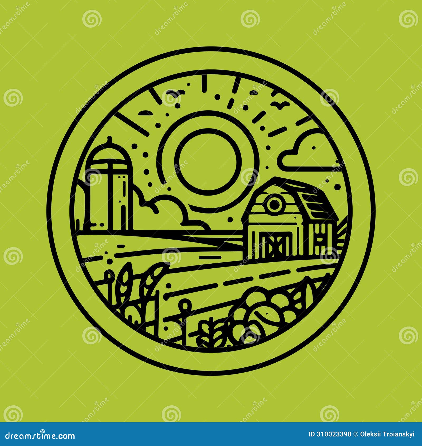 Linear Simple Landscape with Farm and Field in Circular Frame Stock ...