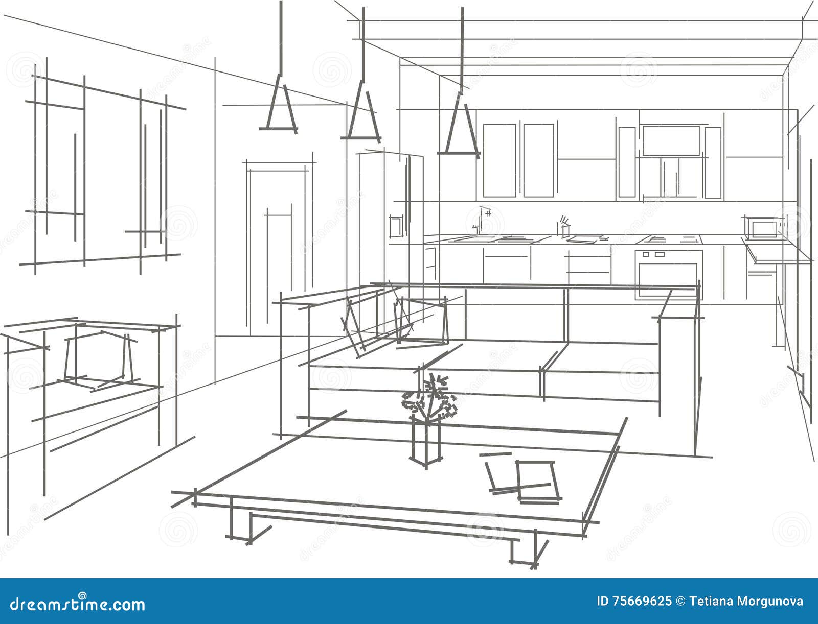 Linear Sketch Interior Flat Stock Vector - Illustration of sofa, linear ...