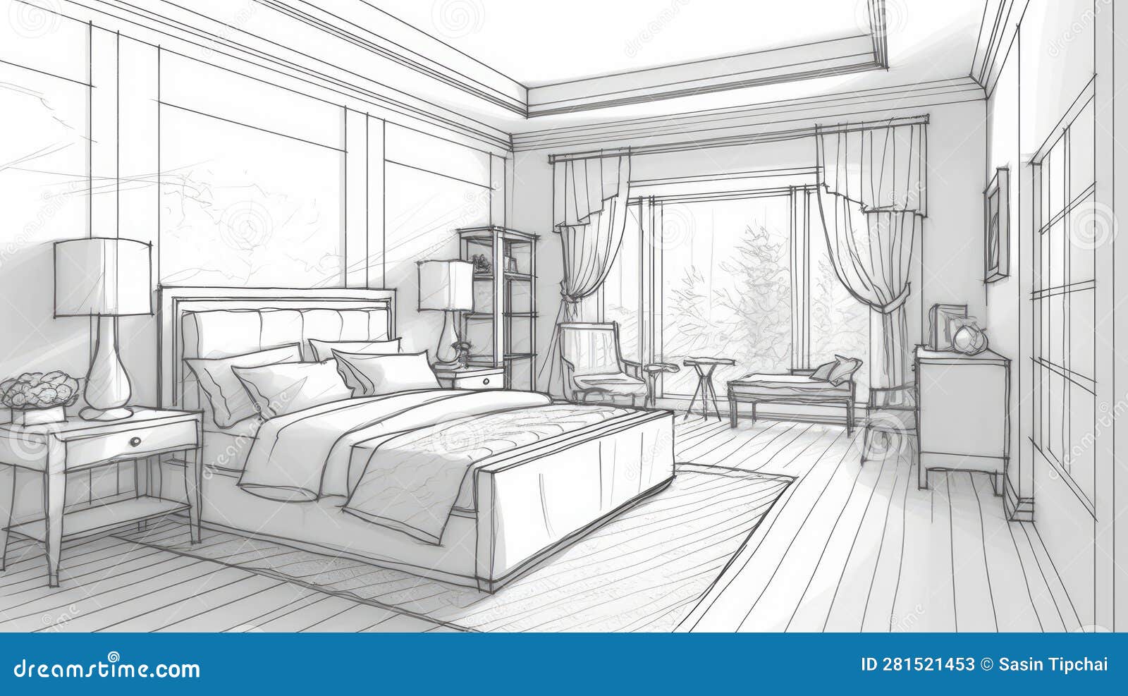 Linear Sketch Of An Interior. Room Plan. Sketch Line Bedrooms Stock ...