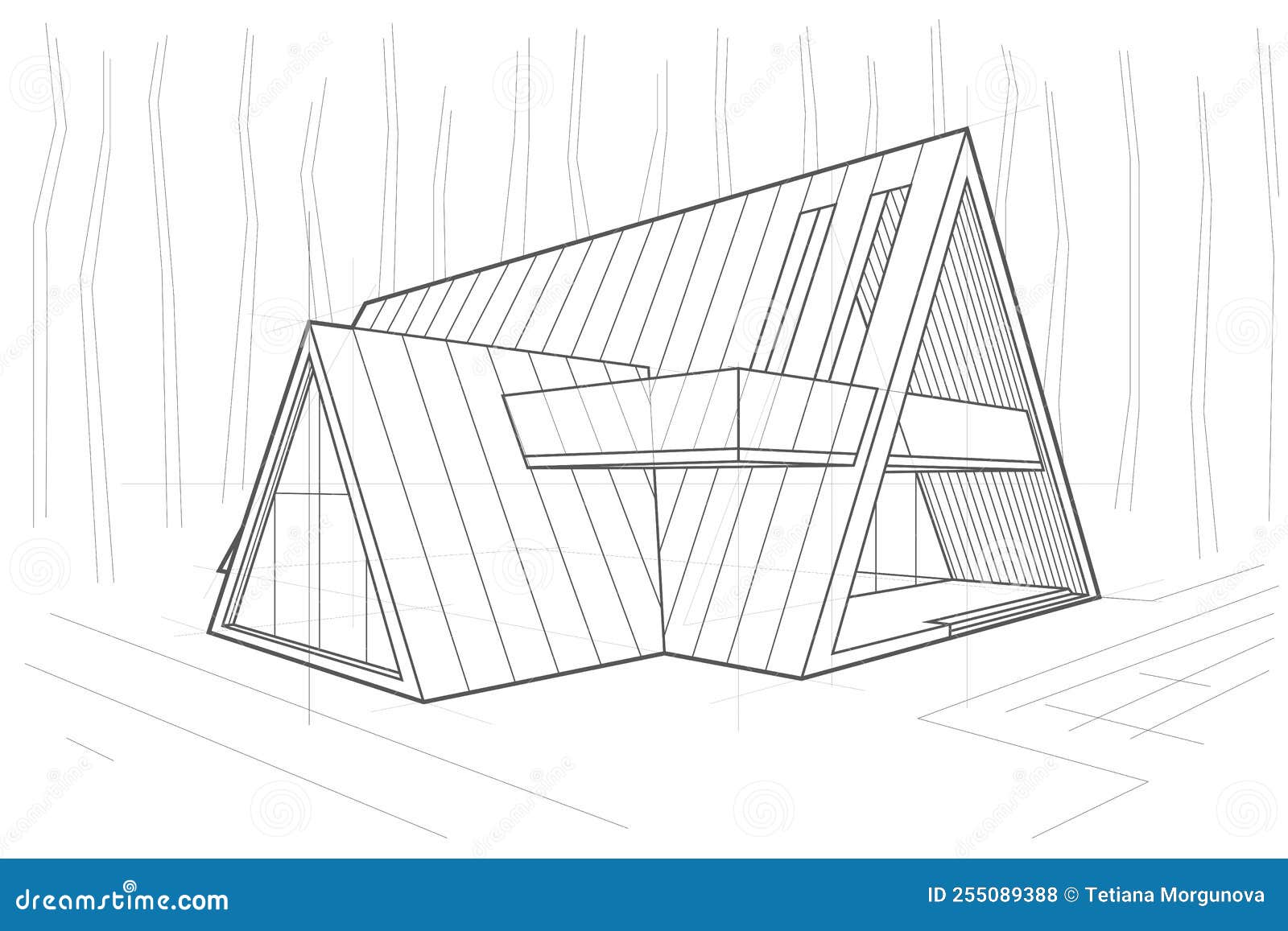Linear Sketch Residental Building - Triangle Forest Cottage On White ...