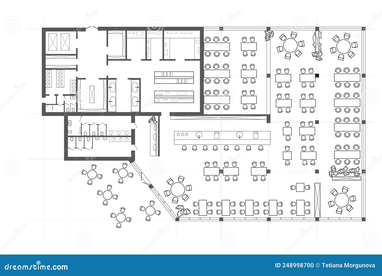 Linear Sketch Restaurant with Bar and Kitchen Zone Plan on White ...