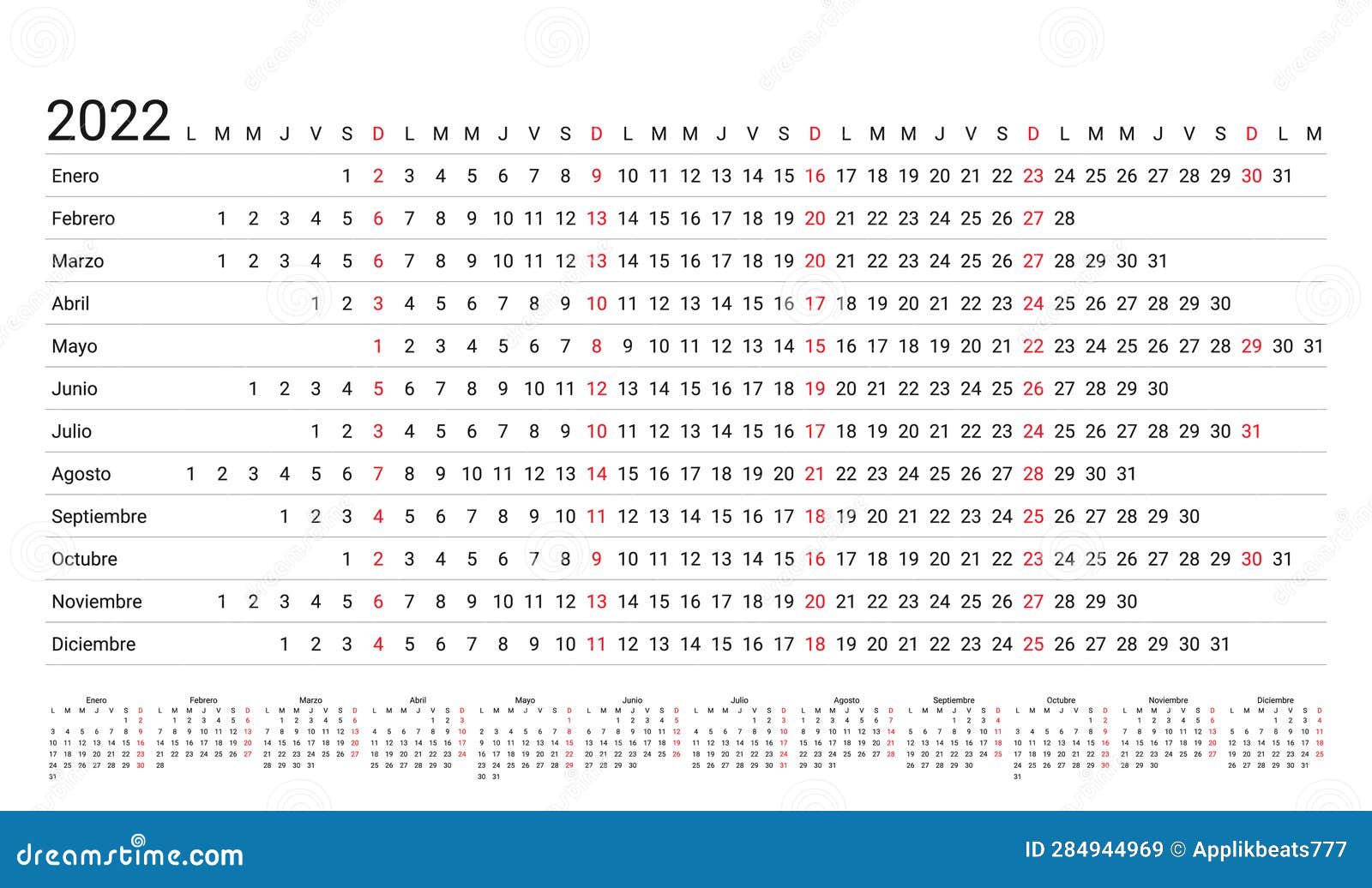 2022 Spanish Linear Calendar Template. Planner Grid. Vector ... 2022 Spanish Linear Calendar Template. Planner Grid. Vector ...