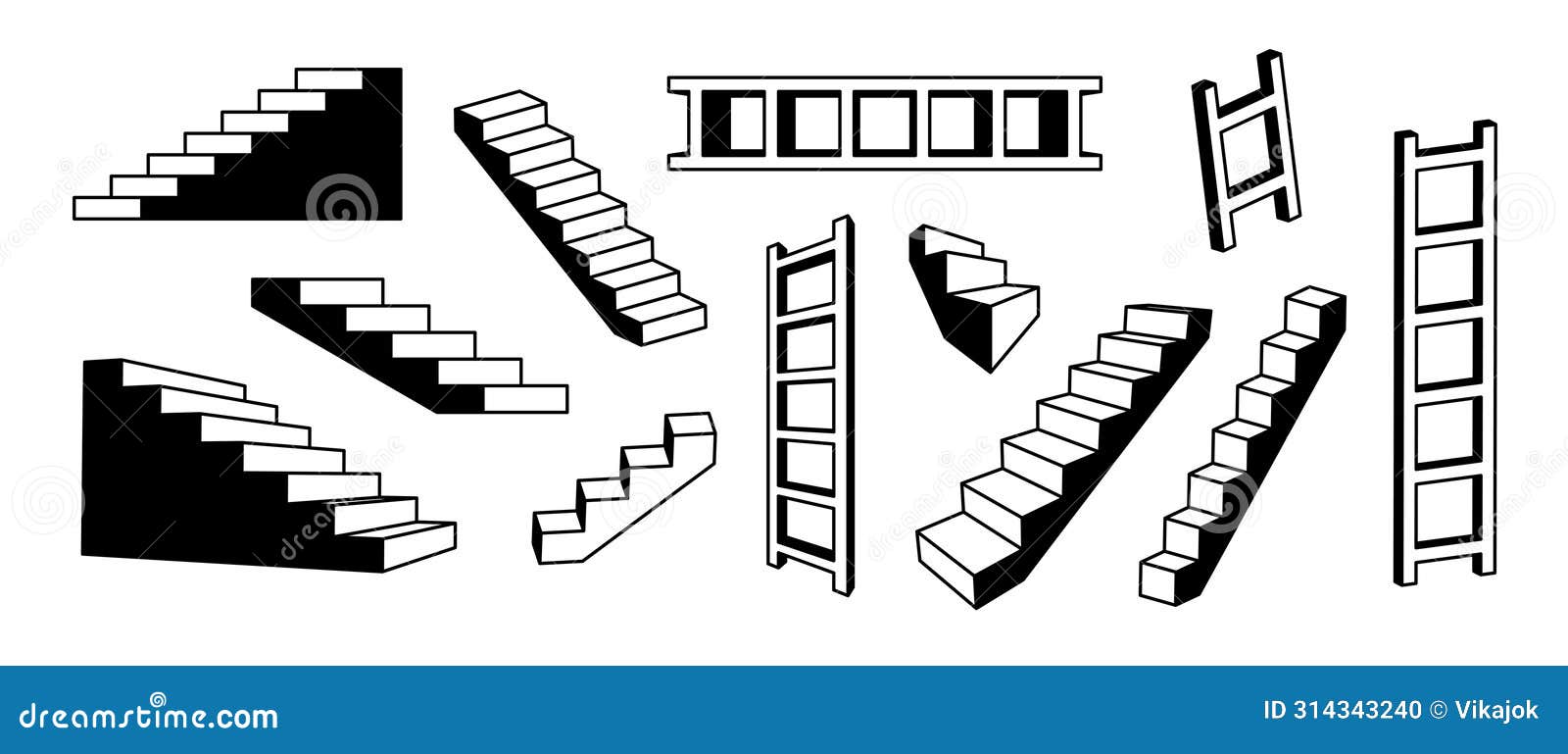 Linear Stairs and Ladders Set. Black and White Surreal Geometric ...
