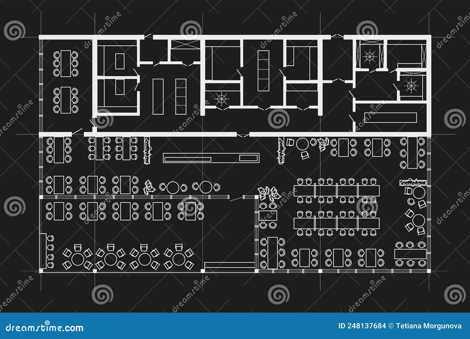 Linear Sketch Rectangle Restaurant with Terrace Plan on Black ...