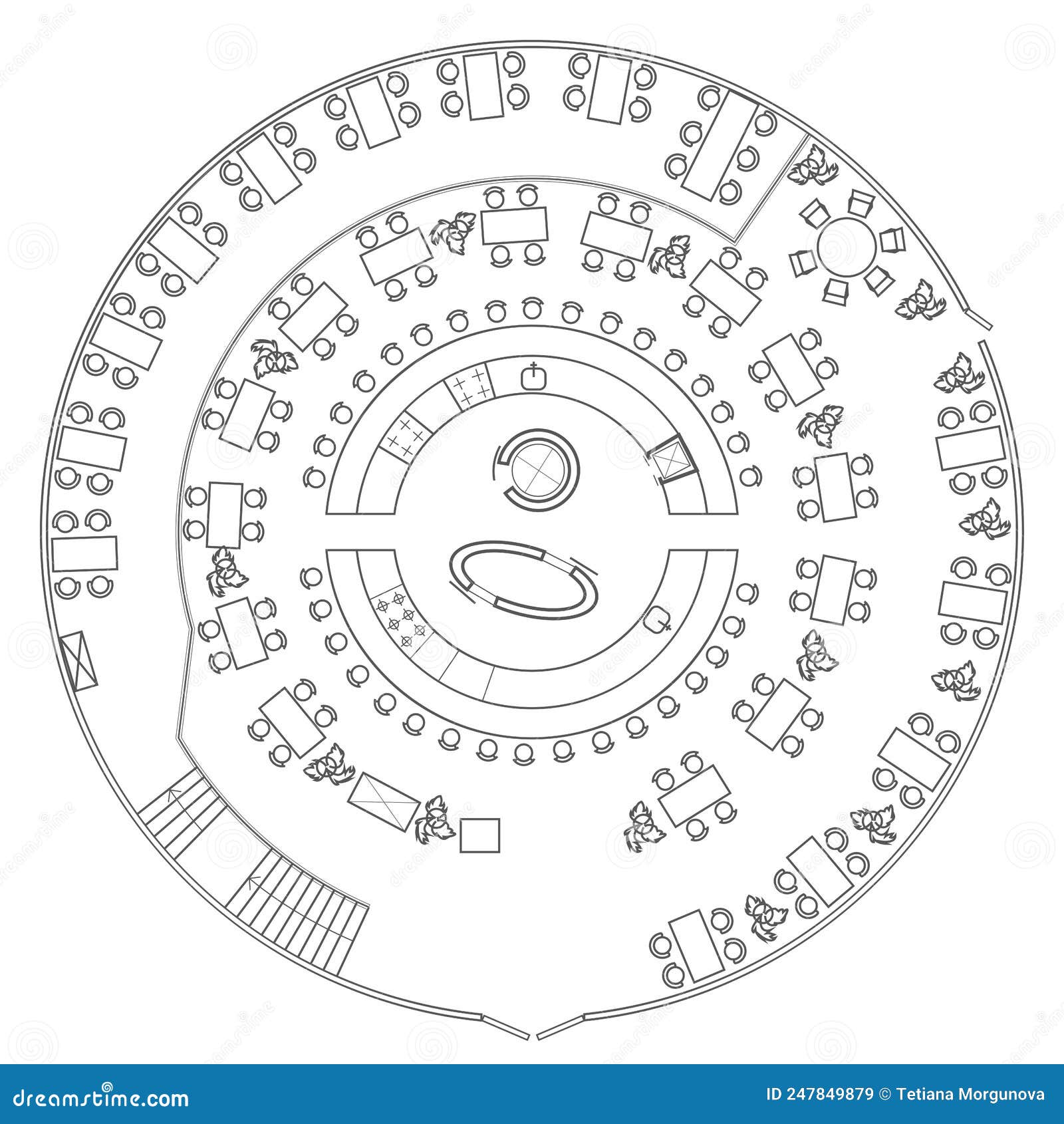 Linear Sketch Round Restaurant with Open Kithen Plan on White ...
