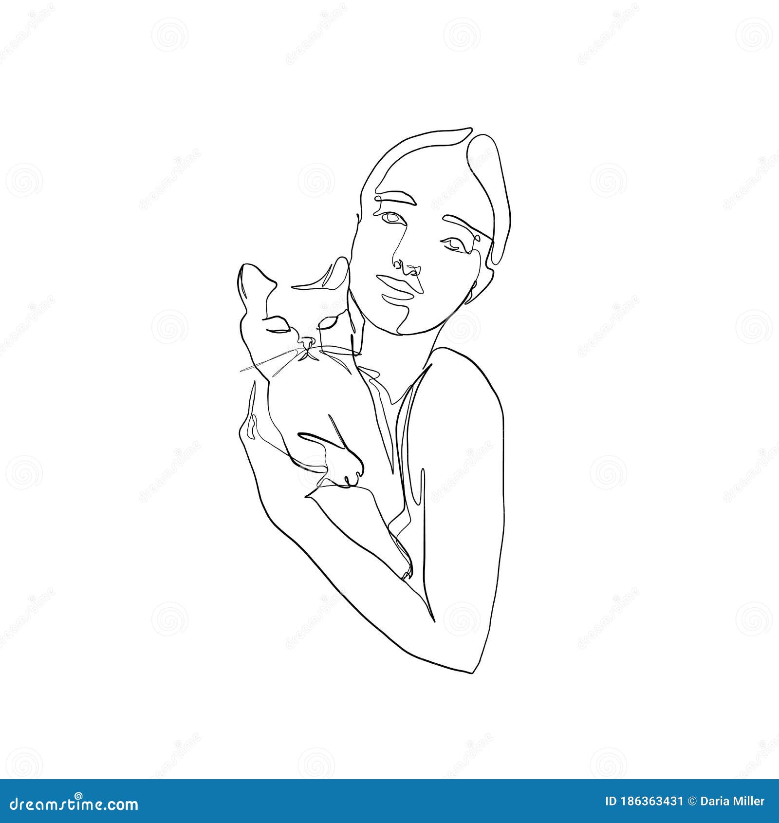 Linear woman with cat. stock vector. Illustration of animal - 186363431