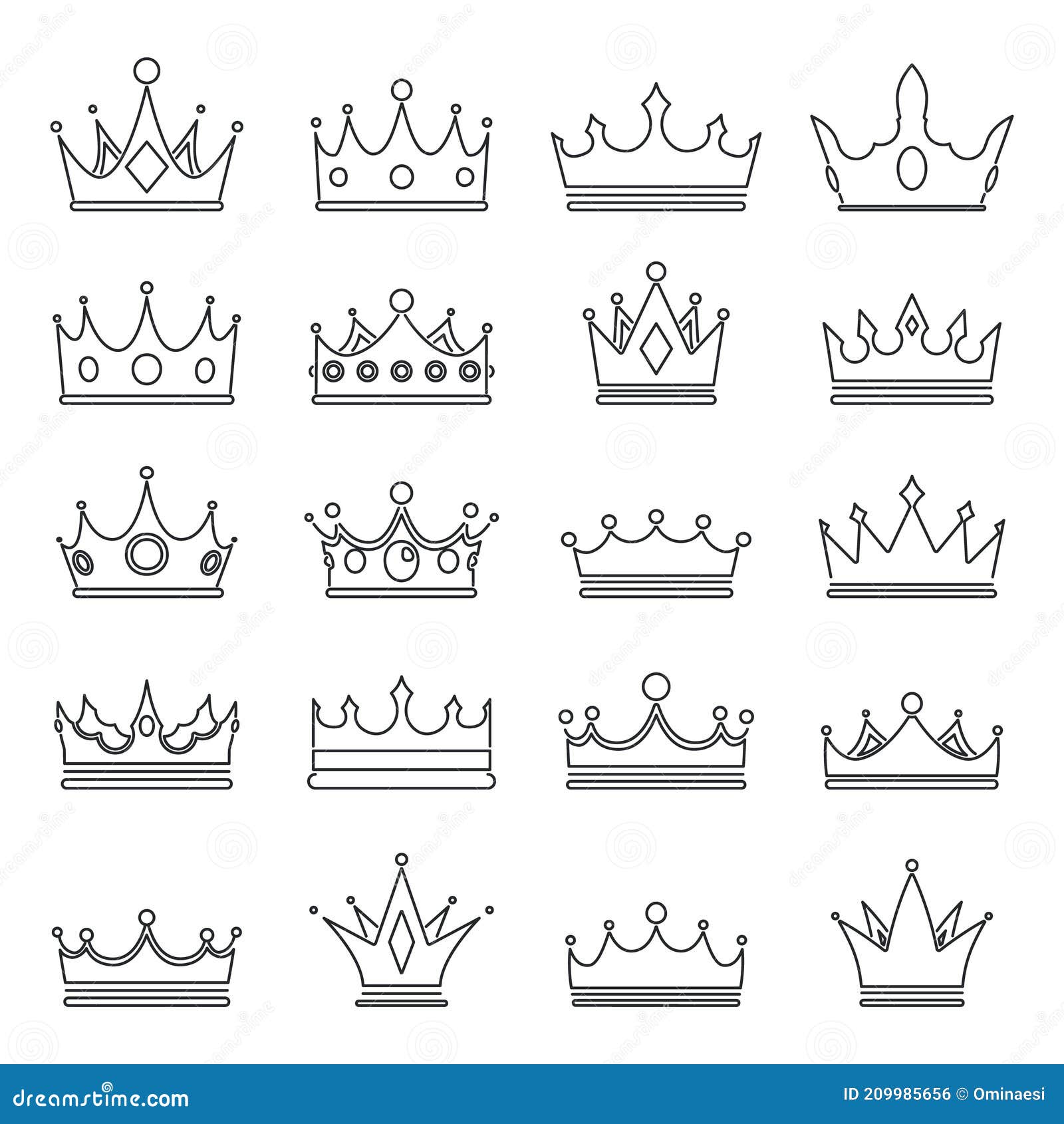 Lineart Medieval Royal Crown Queen Monarch King Lord Outline Icons Set