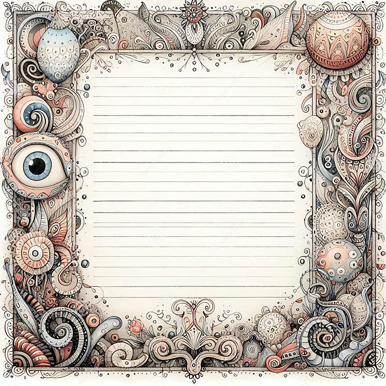 Lined Note Writing Paper with Whimsical Decorations Frame Pattern ...