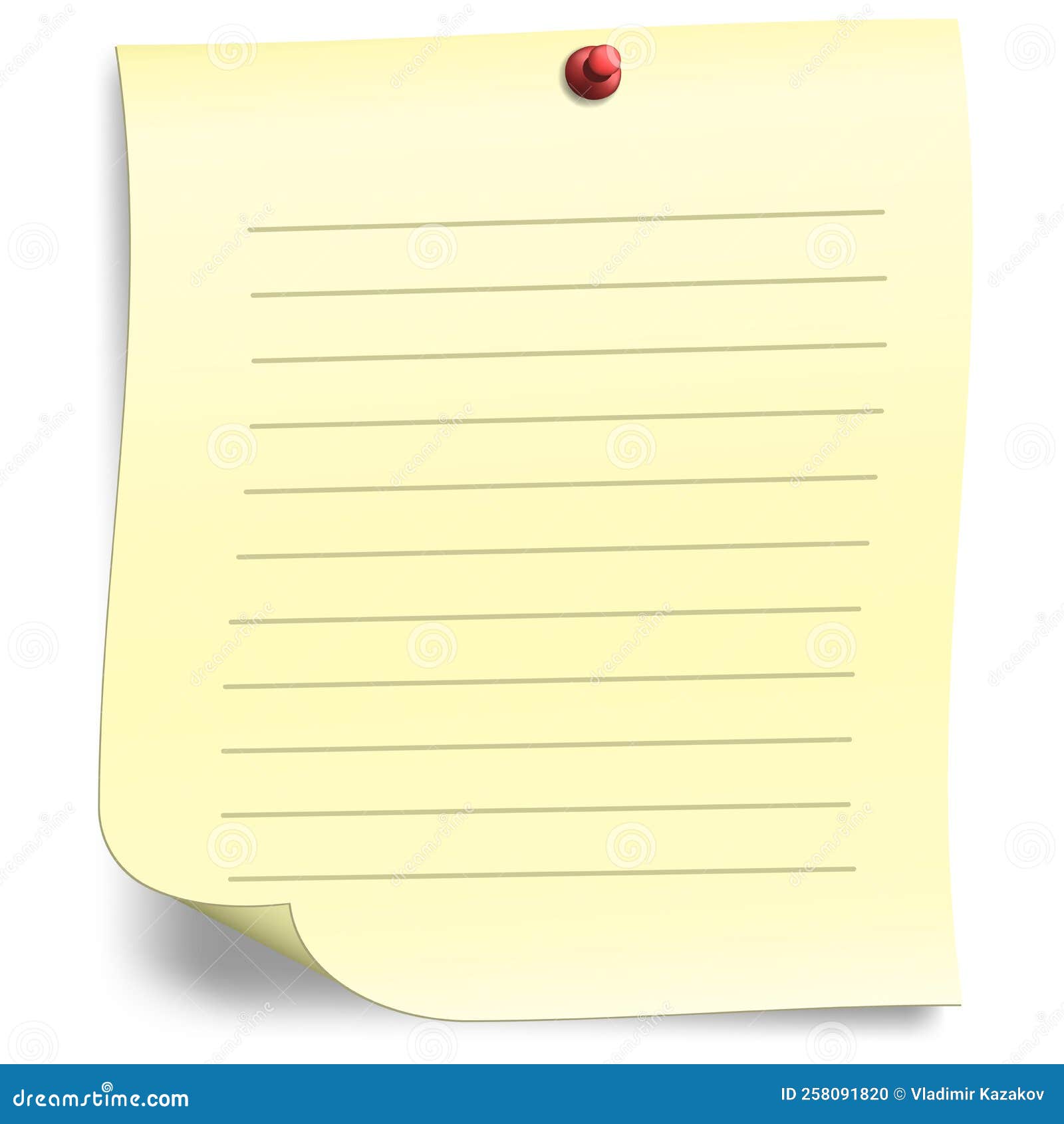 Lined Yellow Sheet of Paper with Pin on White Background. Shadow Under ...