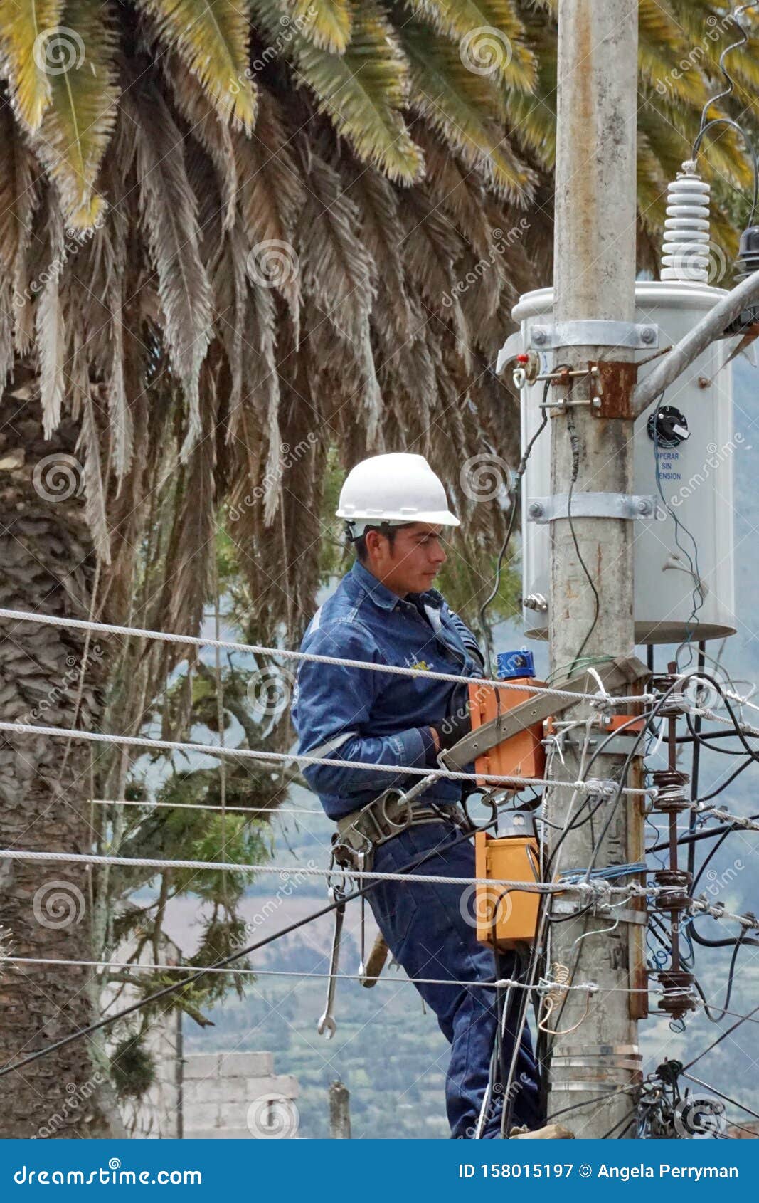 Lineman on a power pole editorial photography. Image of voltage - 158015197
